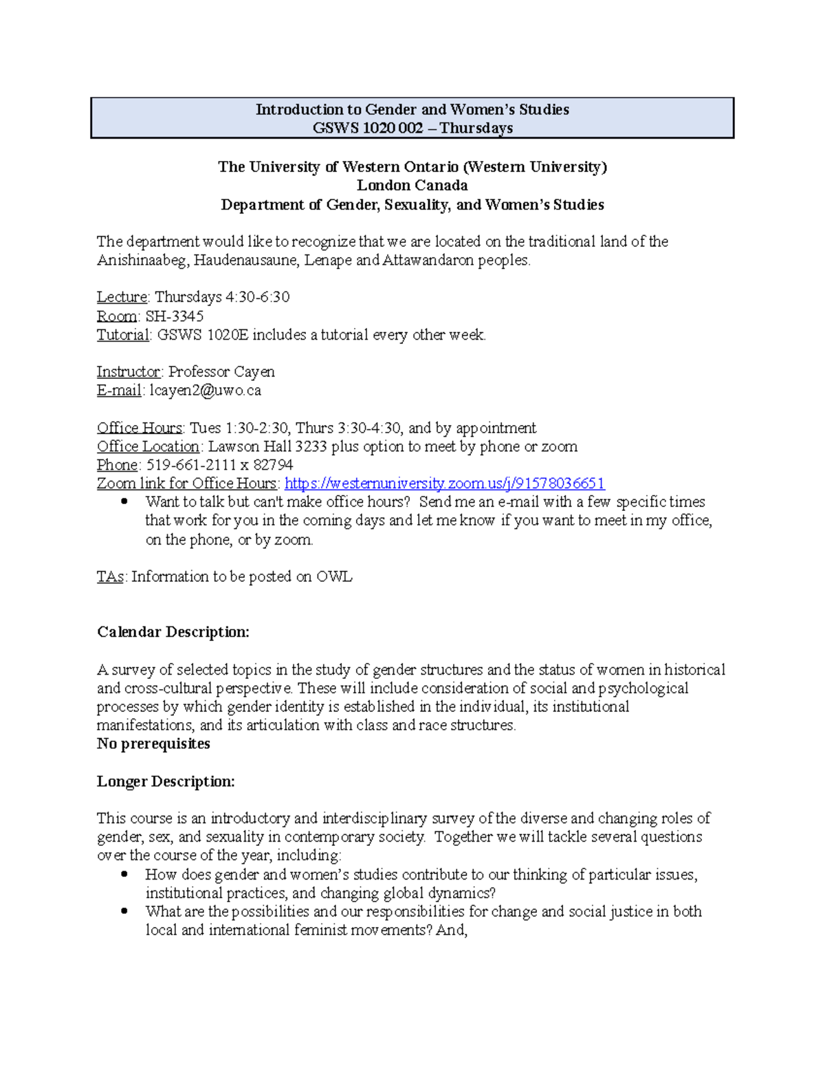 GSWS1020 002 - 2022-2023 - Introduction to Gender and Women s Studies ...