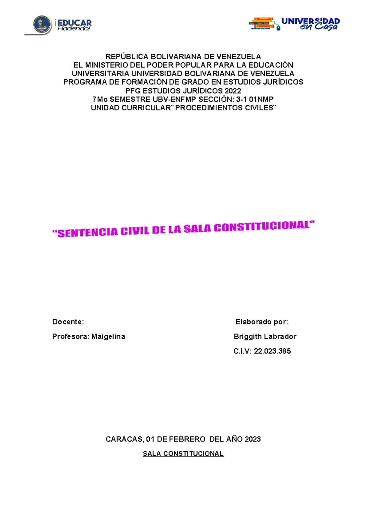 Sentencia SALA Constitucional Briggith - REPÚBLICA BOLIVARIANA DE ...