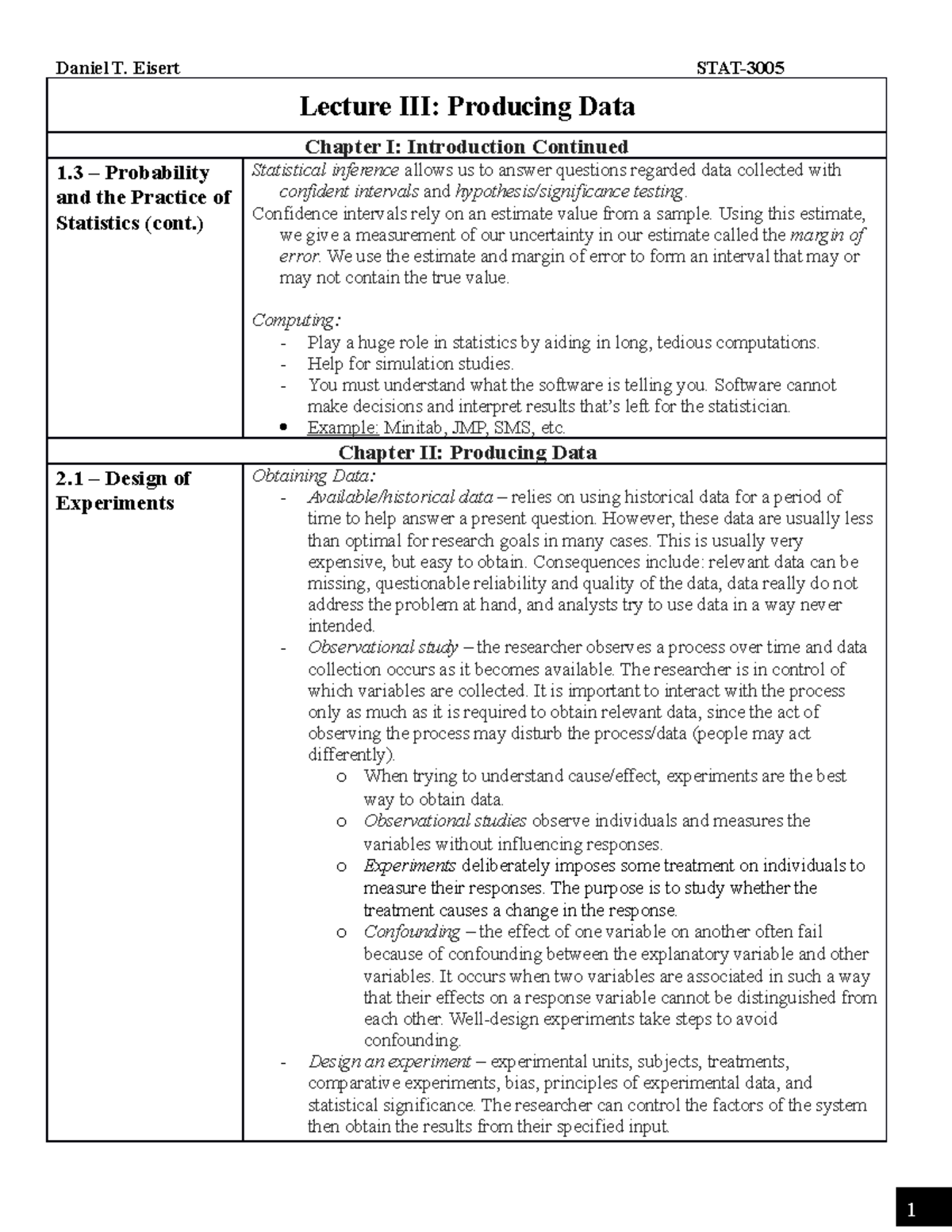 STAT-3005 - Notes - Lecture 3 - 1 Daniel T. Eisert STAT- Lecture III ...