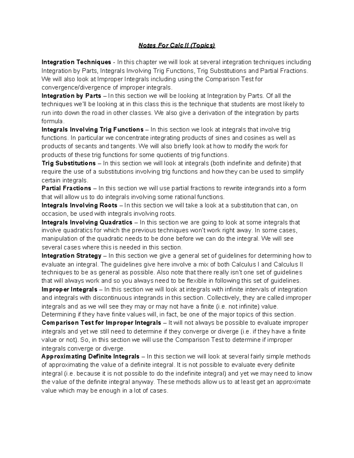 Notes For Calc II (Topics) - Notes For Calc II (Topics) Integration ...
