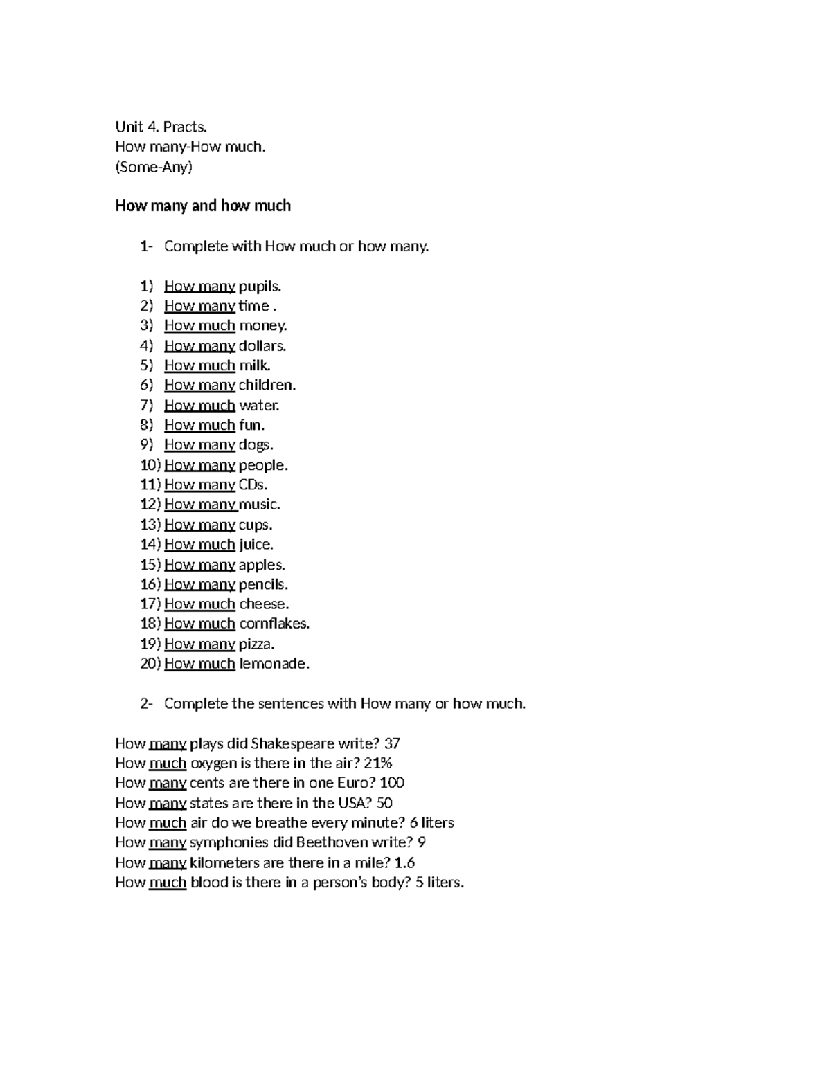 How much and how many - Unit 4. Practs. How many-How much. (Some-Any ...