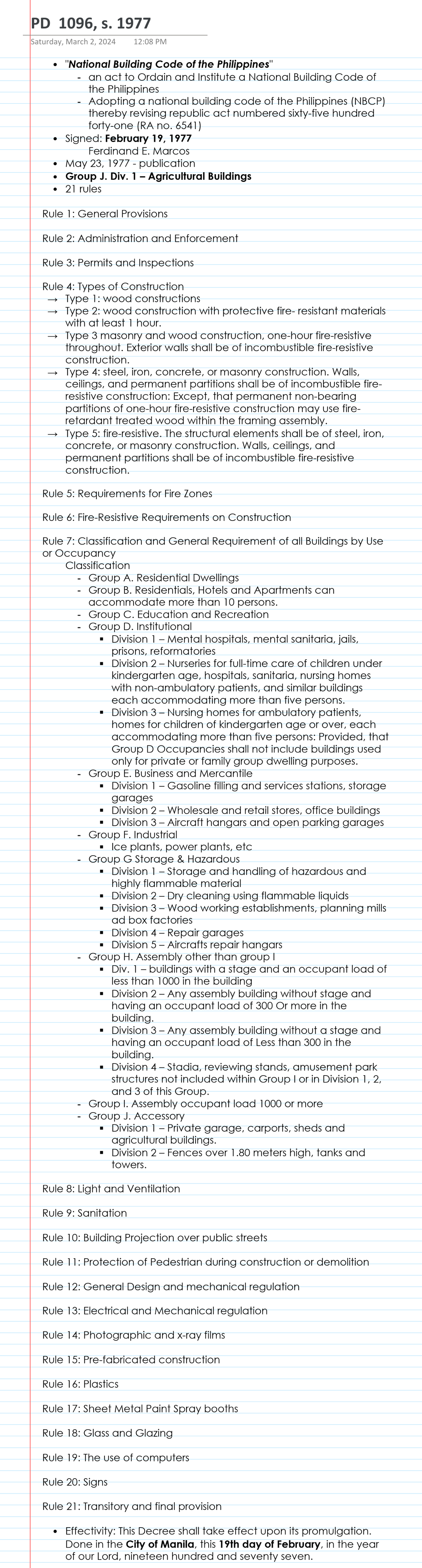 PD 1096 summary - laws - PD 1096, S. 1977 Saturday, March 2, 2024 12:08 ...