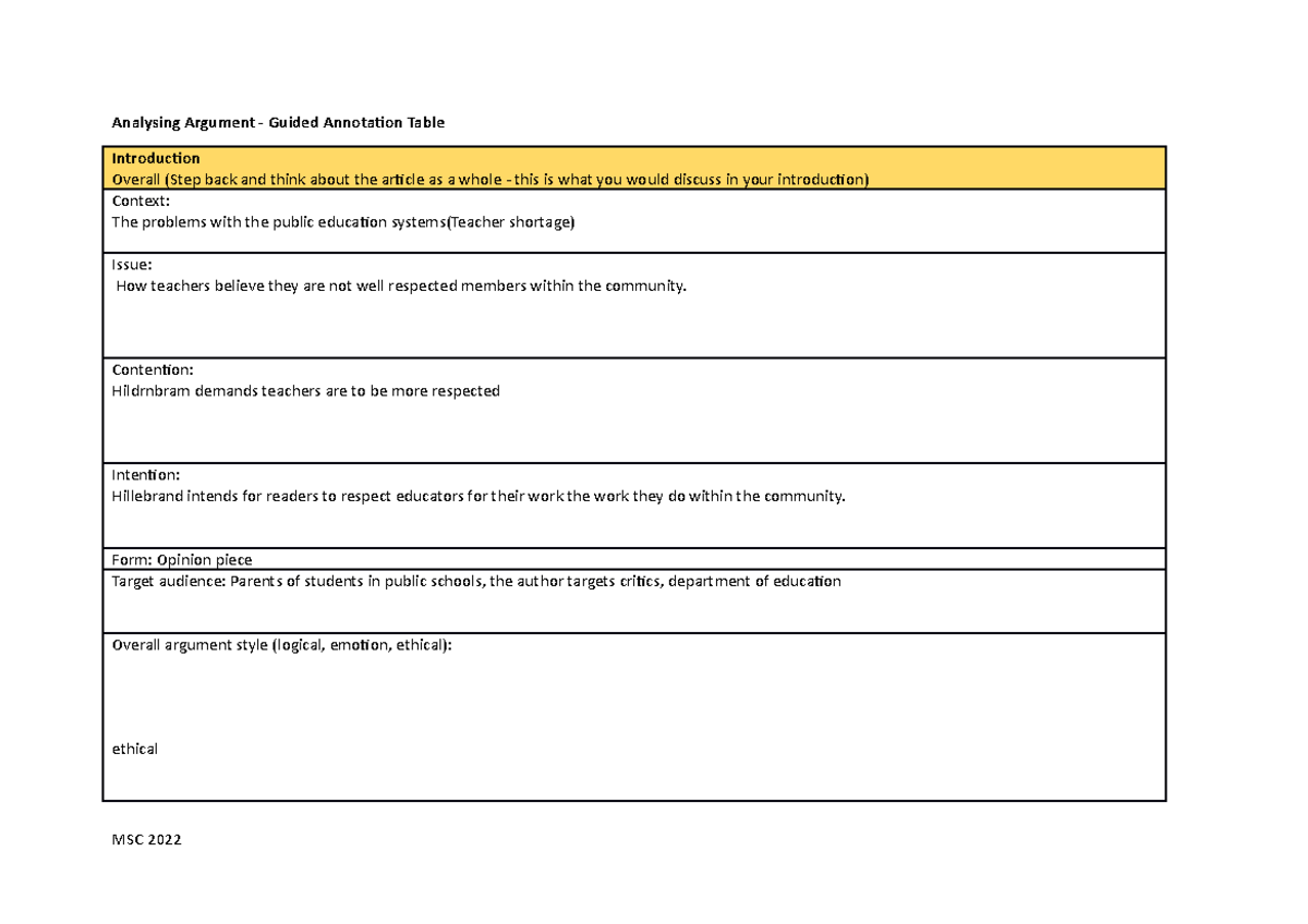 Guided Annotation Table - Analysing Argument - Guided Annotation Table ...