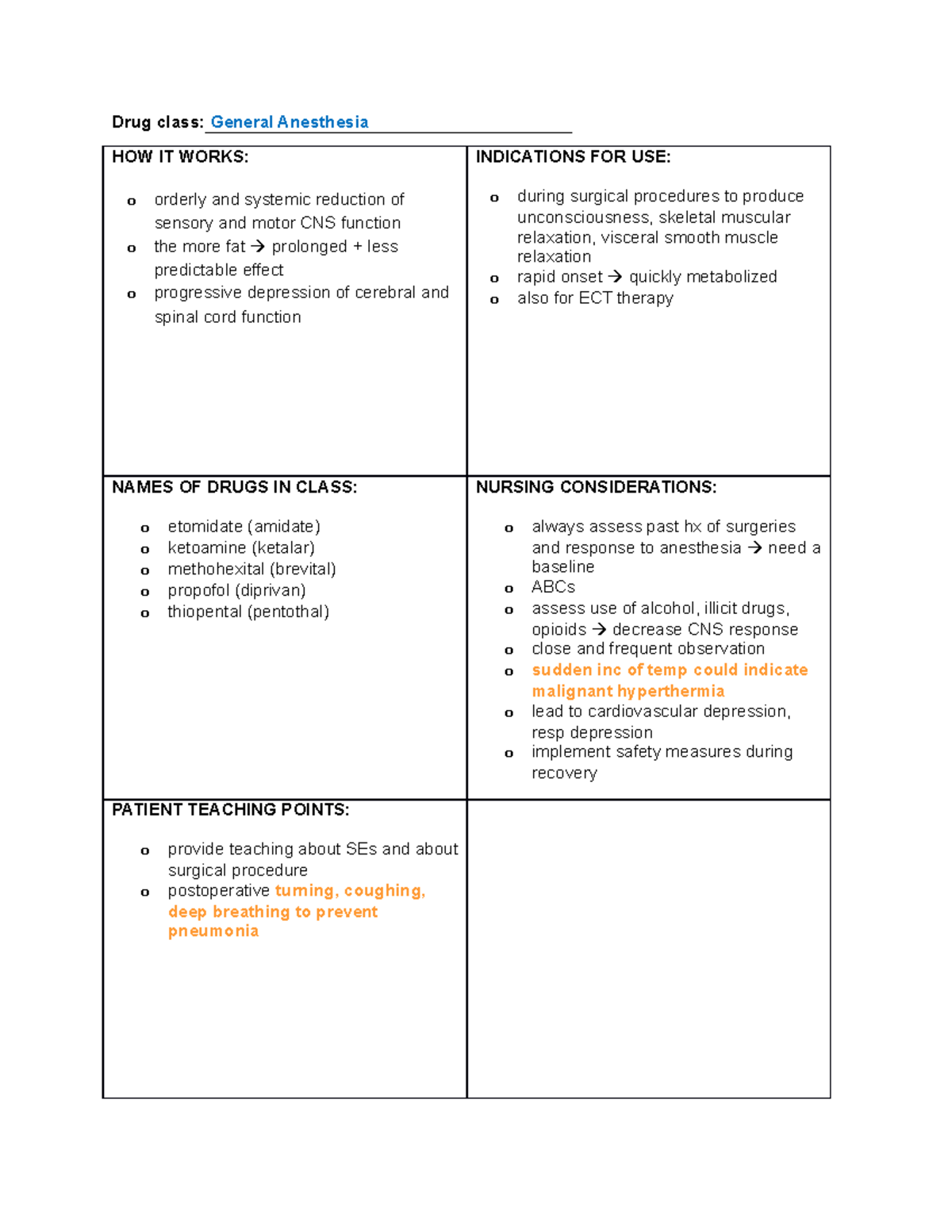 Drug sheets exam 2 - Drug class: General Anesthesia HOW IT WORKS: o ...