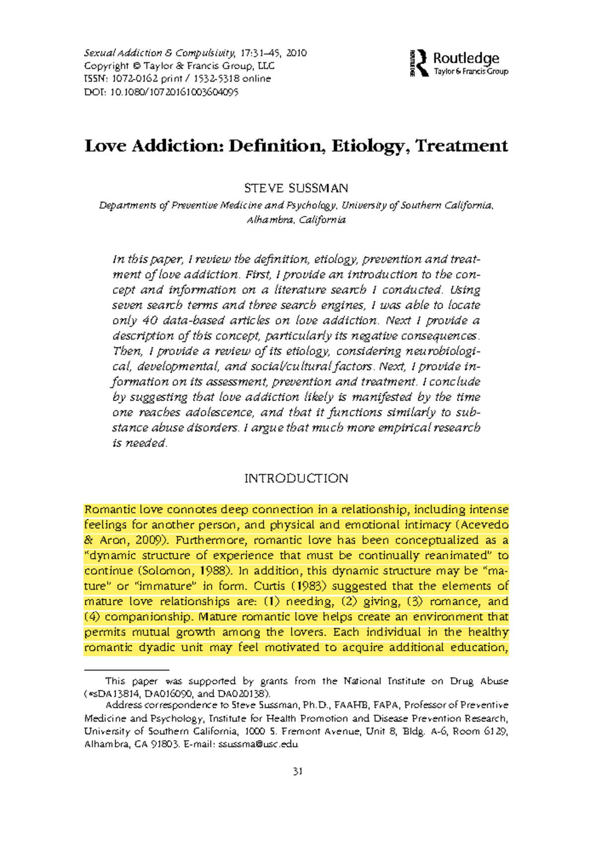 Love Addiction Definition, Etiology, Treatment SI - Sexual Addiction ...