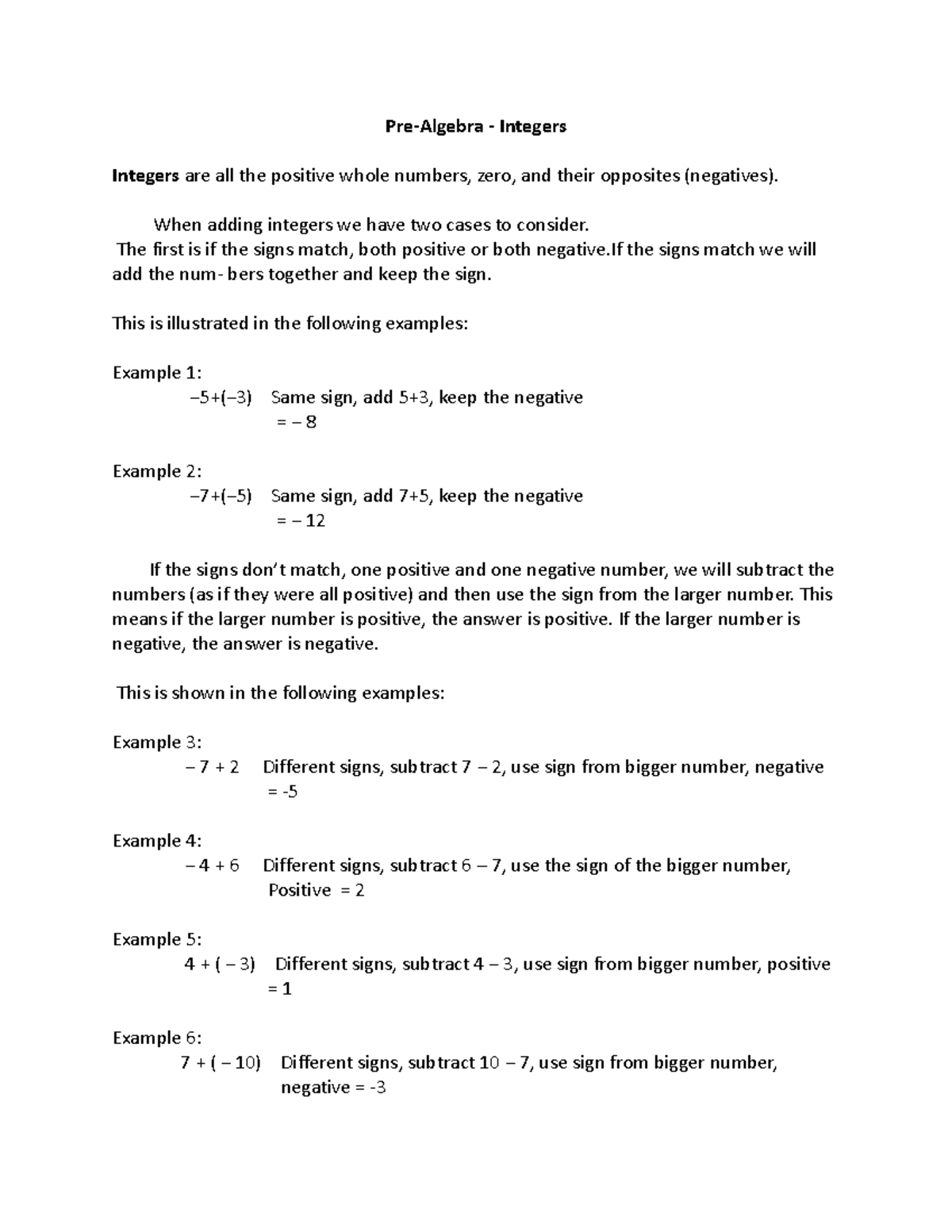 Advance Algebra 1 - Long Quiz - Pre-Algebra - Integers Integers are all ...