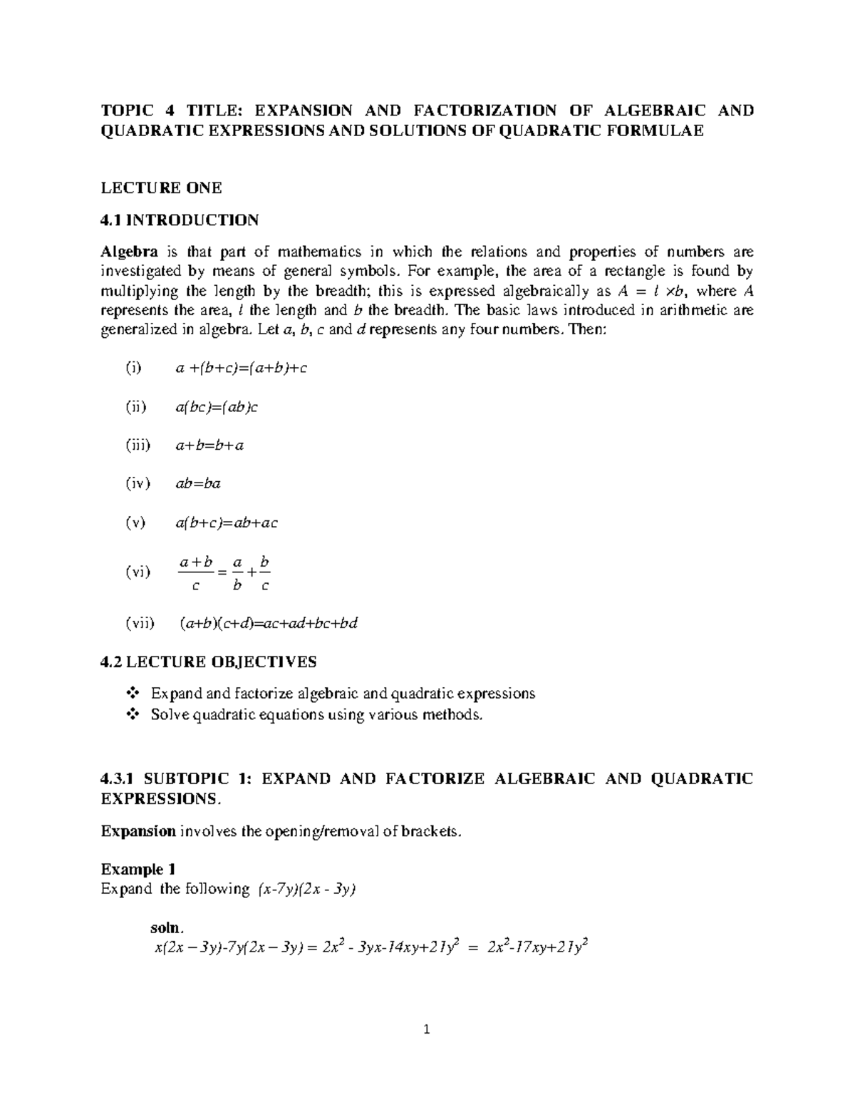 MATH100 Chapter 4 5 Expansion and Factorization of Algebraic and Quadratic Expressions - TOPIC 4 ...