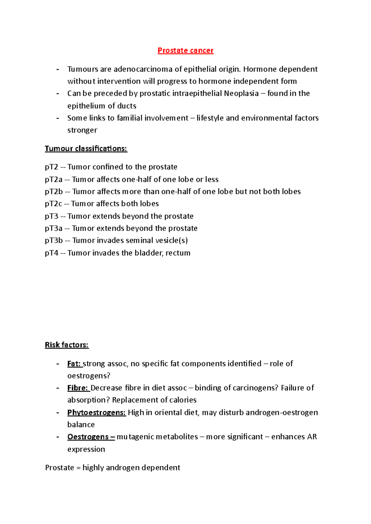 Prostate cancer - Lecture notes 1 - Prostate cancer - Tumours are ...