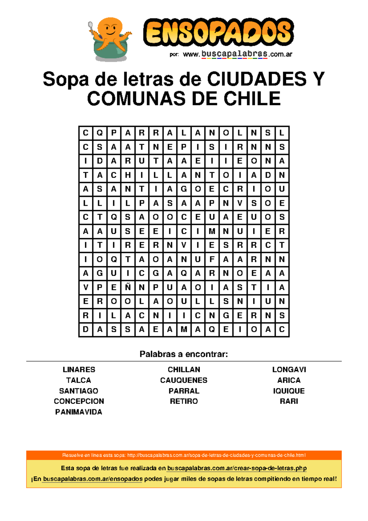 Sopa de letras de ciudades y comunas de chile - Sopa de letras de ...