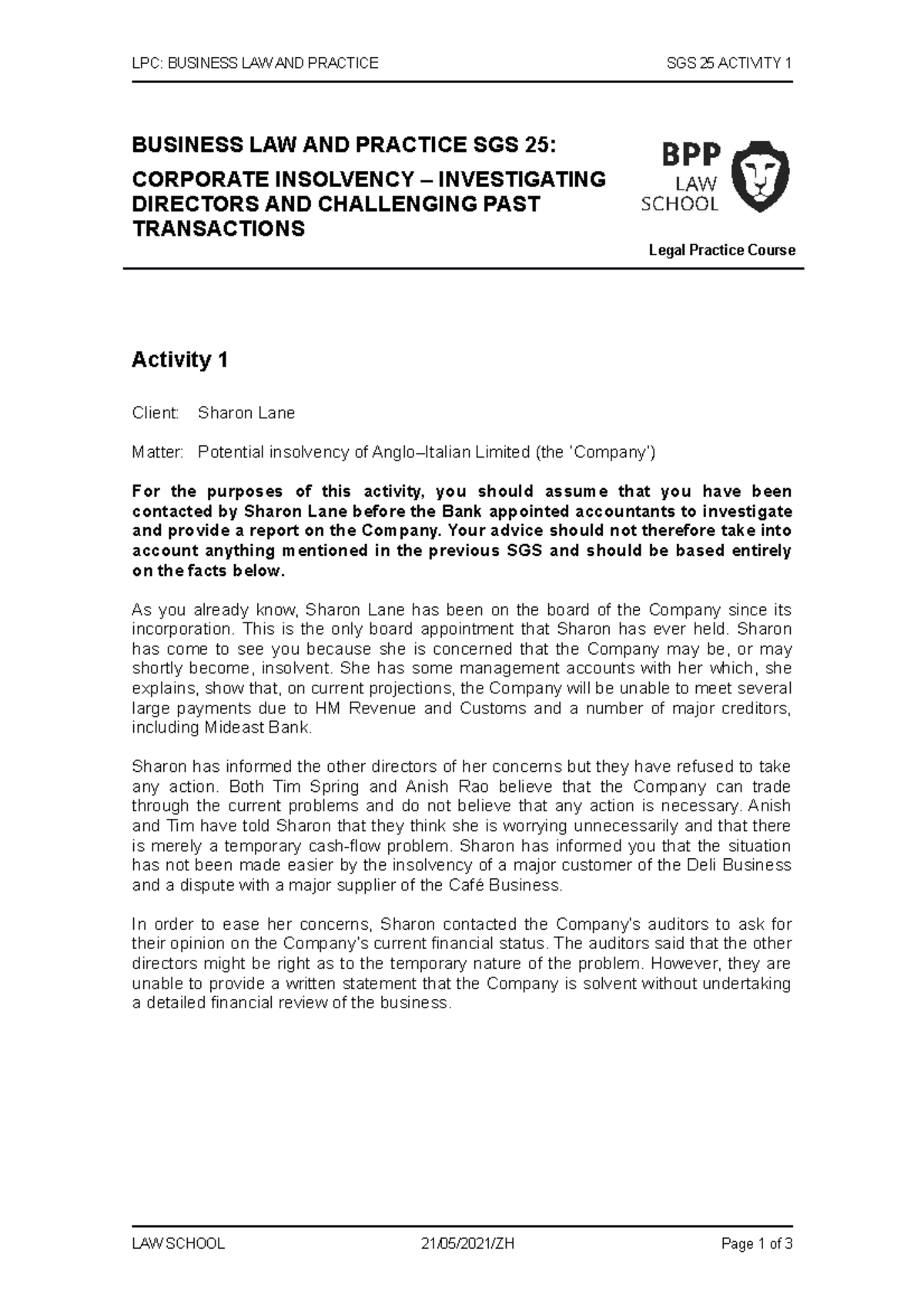 SGS 25 Activity 1 - Matt Roden - LPC: BUSINESS LAW AND PRACTICE SGS 25 ACTIVITY 1 BUSINESS LAW ...