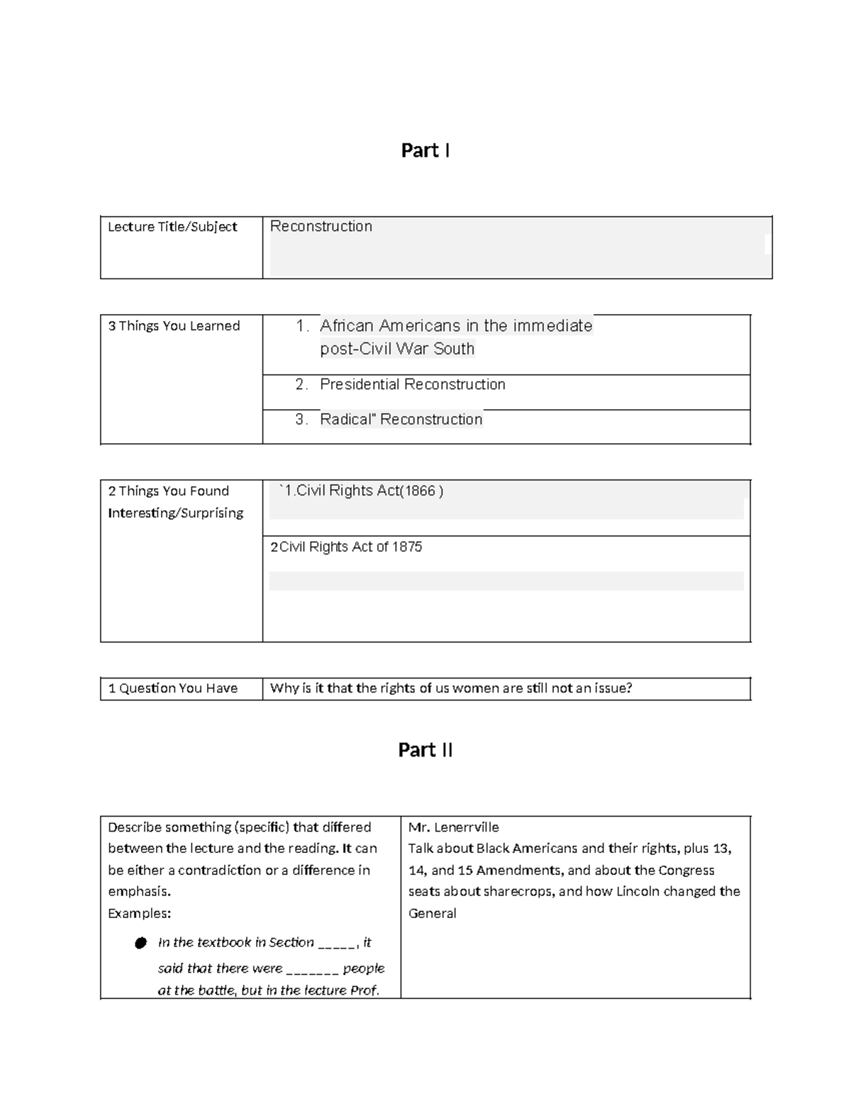 Reconstruction - exit paper - Part I Lecture Title/Subject ...