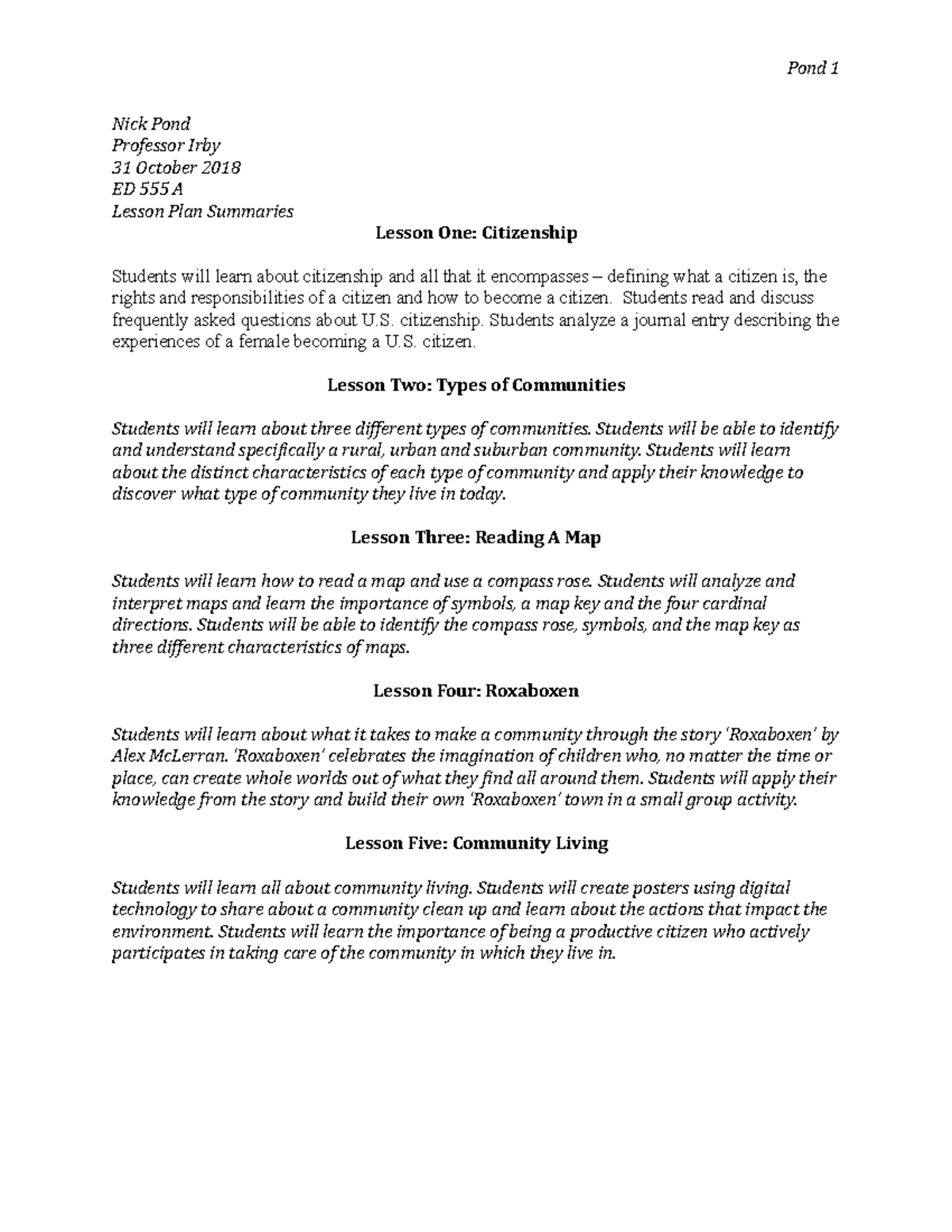 Lesson Plan Summaries - Pond 1 Nick Pond Professor Irby 31 October 2018 ...