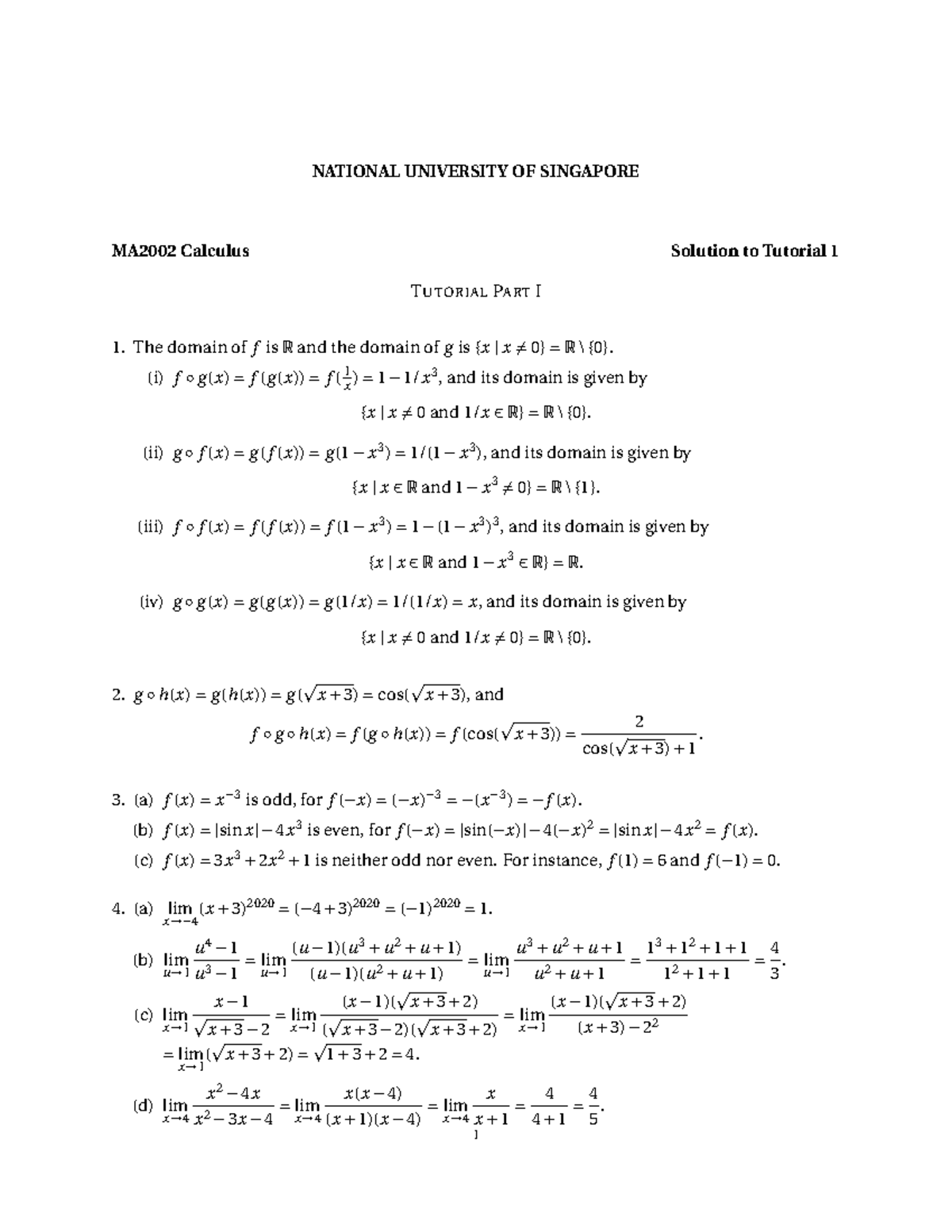 MA2002-Solution 1 - Solution to Tutorial 1 - NATIONAL UNIVERSITY OF SINGAPORE MA2002 Calculus ...