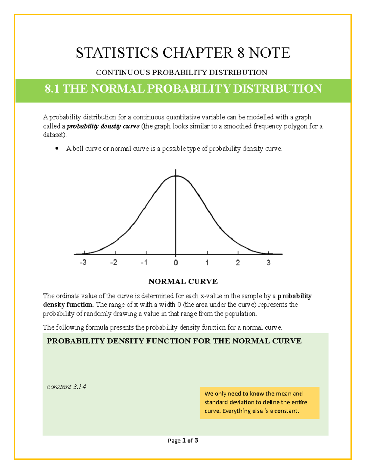 Statistics Chapter 8 Note - STATISTICS CHAPTER 8 NOTE CONTINUOUS ...
