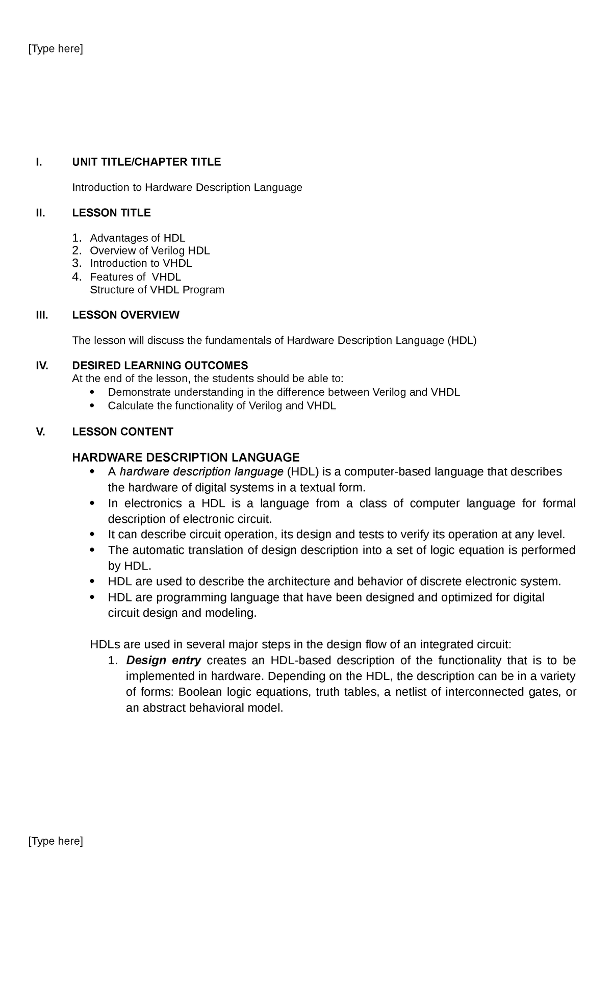 Module 1- Introduction TO HDL - I. UNIT TITLE/CHAPTER TITLE ...