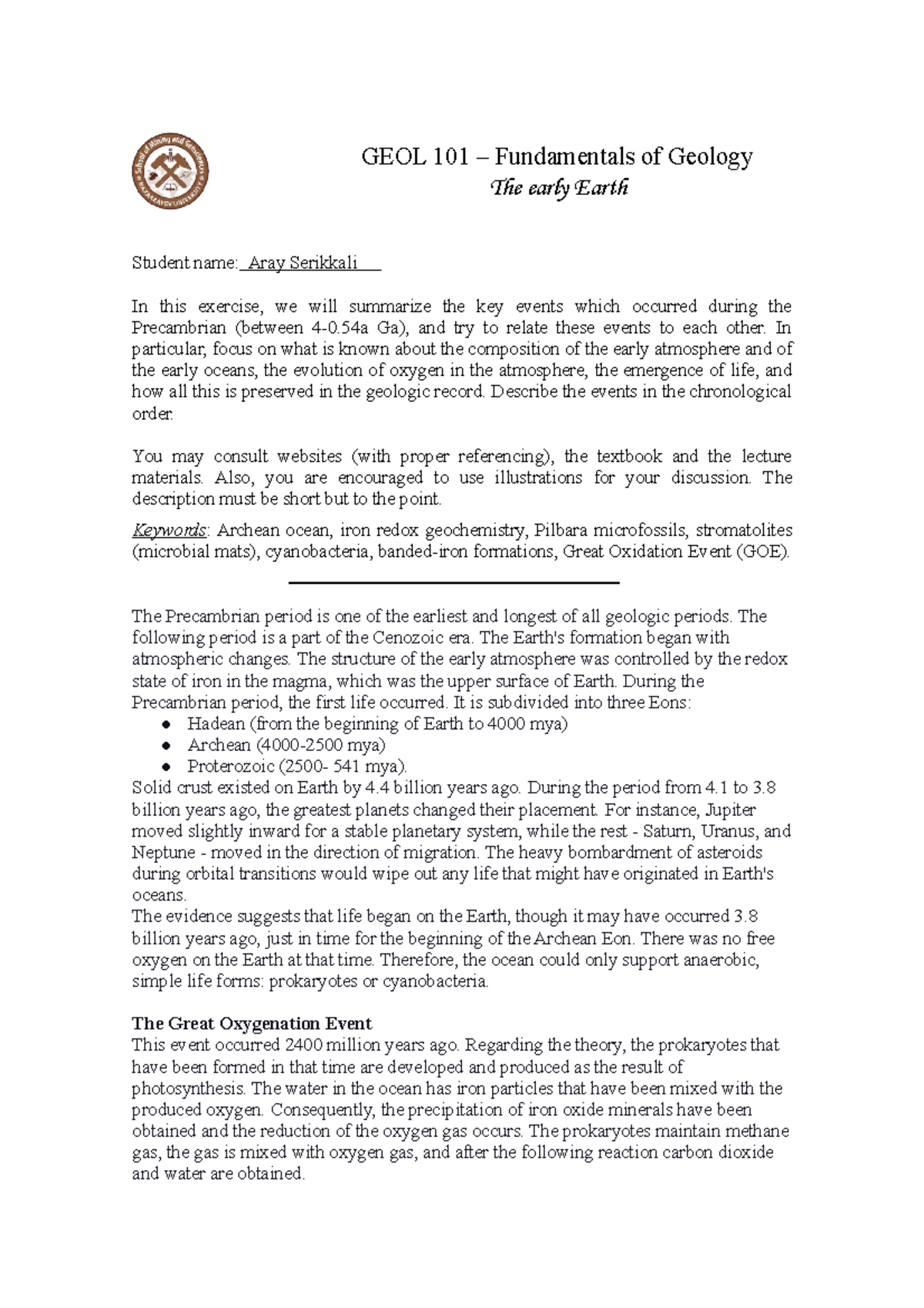 GEOL 101 - Laboratory 2 The early Earth-3 - GEOL 101 – Fundamentals of ...