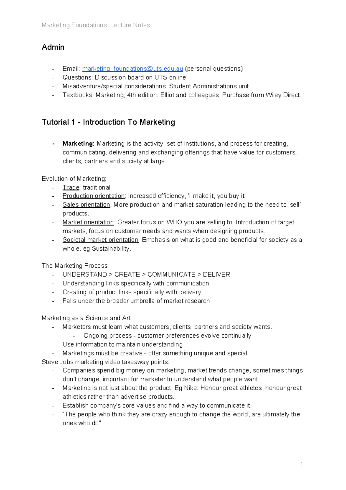 Marketing Foundations Lecture Notes - Admin Email: marketing ...