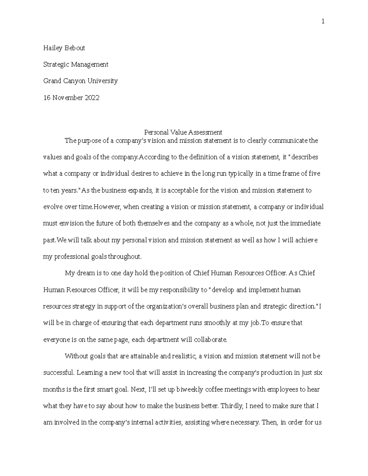 Personal Value Assessment - Hailey Bebout Strategic Management Grand ...