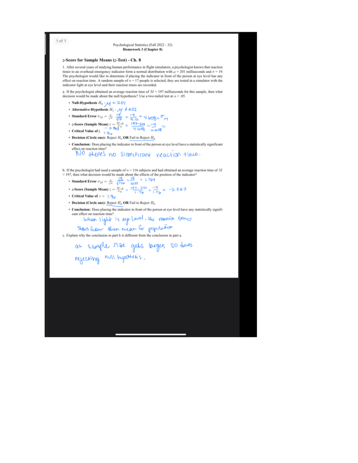 Psyc Stats Chapter 8-9 HW - 1 of 1 Psychological Statistics (Fall 2022 32) Homework 3 (Chapter 8 ...