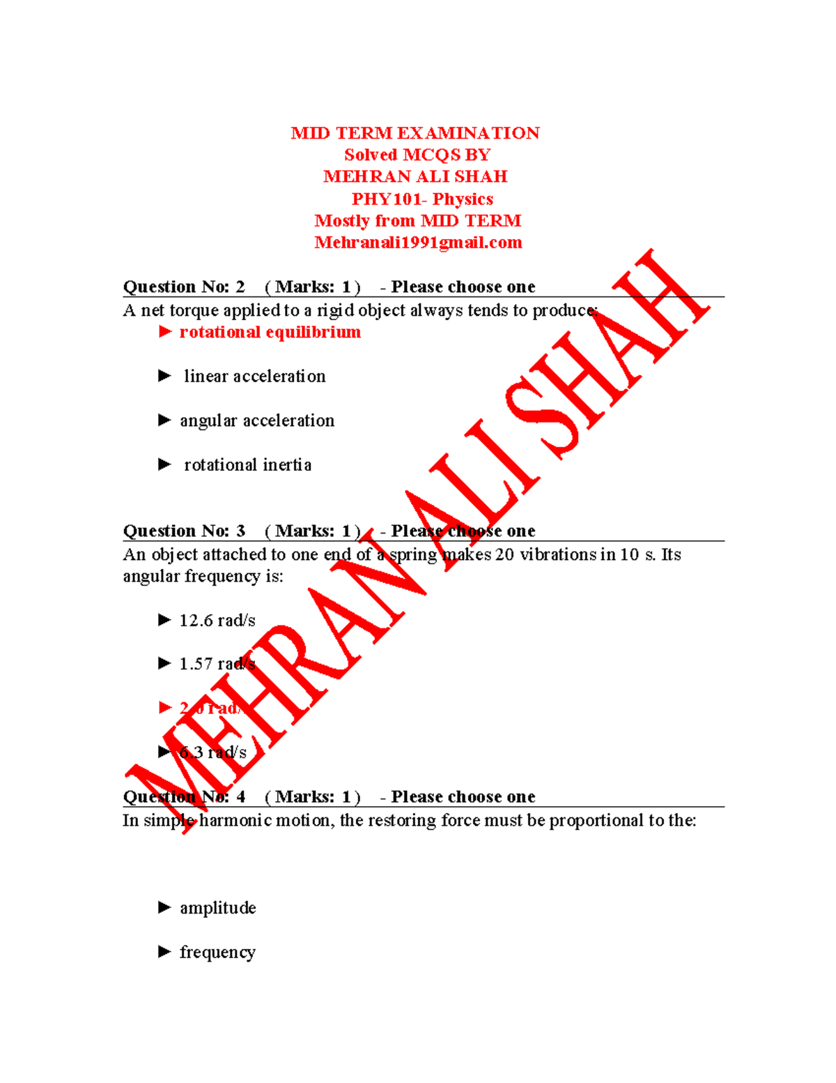 Phy101 - midterm solved - MID TERM EXAMINATION Solved MCQS BY MEHRAN ALI SHAH PHY101- Physics ...