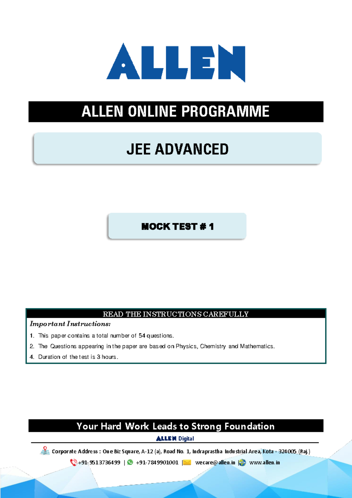 MOCK TEST-01-JEE- Advanced Paper4 - ALLEN ONLINE PROGRAMME READ THE ...