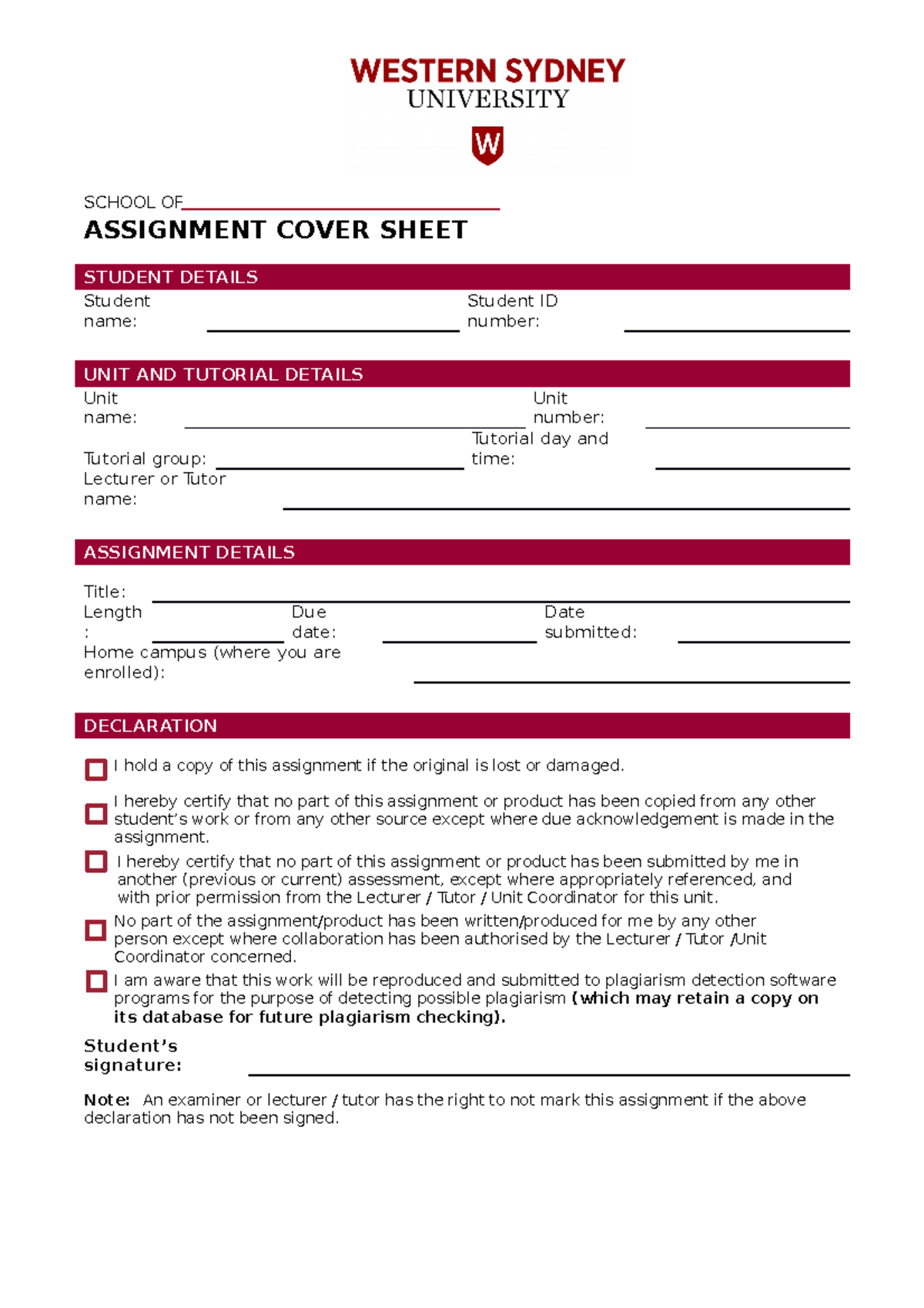 Assignment cover sheet- Print - SCHOOL OF ASSIGNMENT COVER SHEET ...