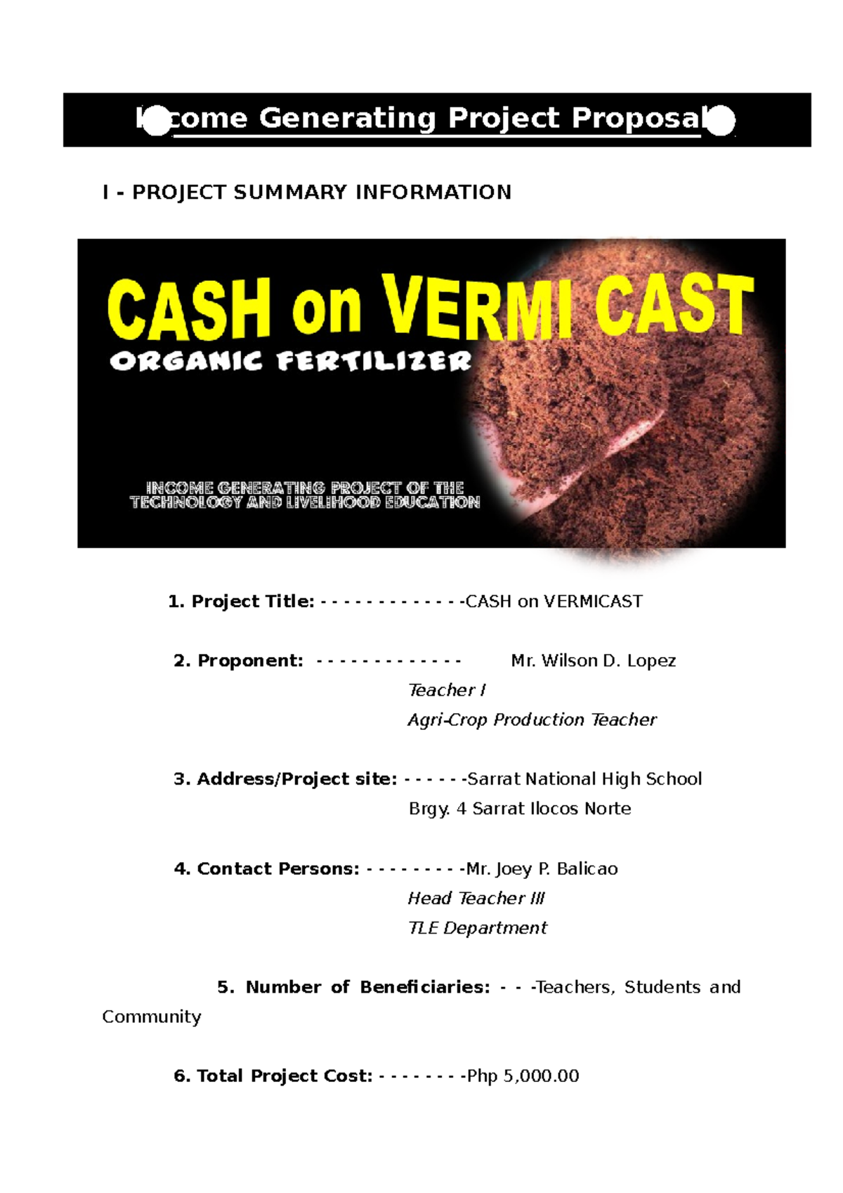Income Generating Project Proposal - Wilson D. Lopez Teacher I Agri ...