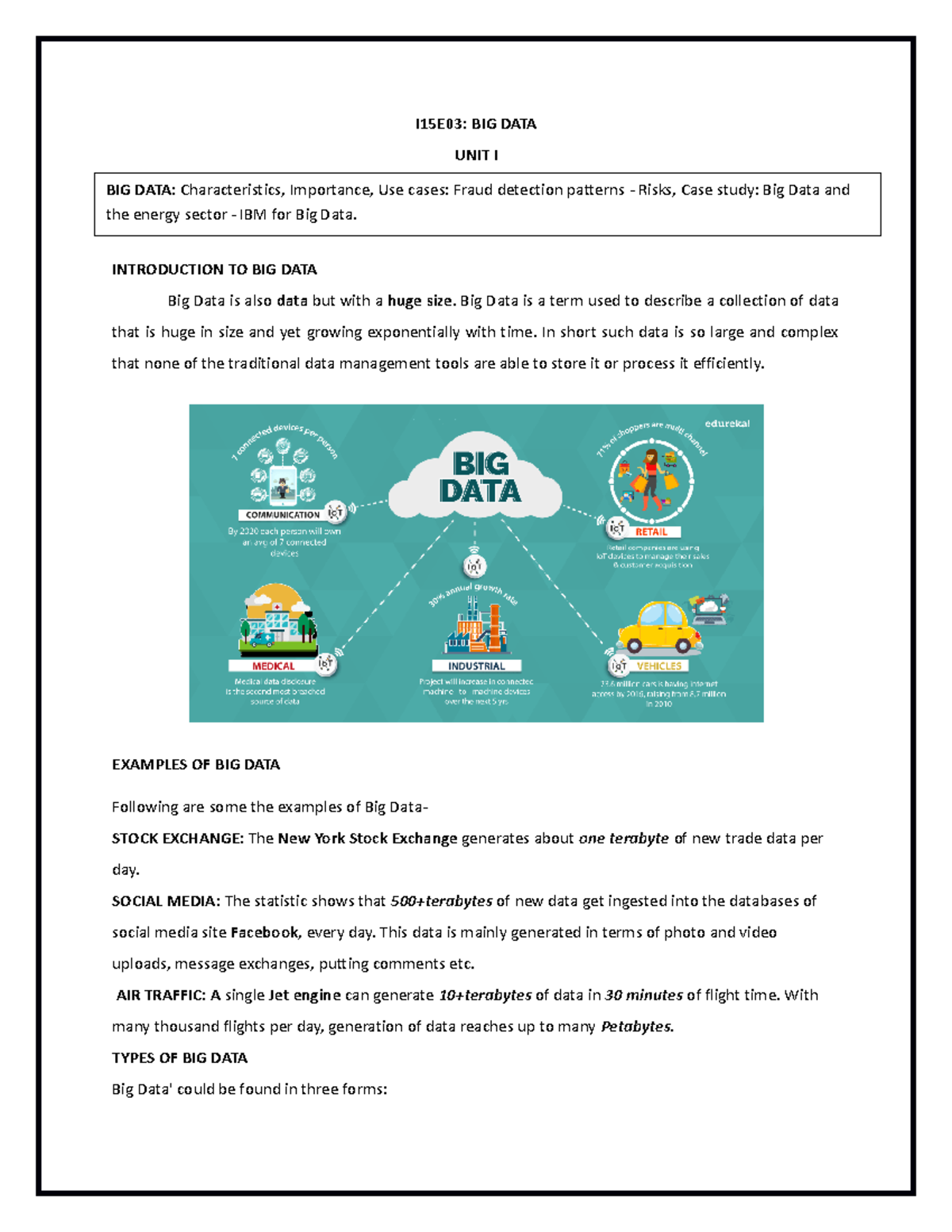 BIG DATA UNIT I - sdsd - I15E03: BIG DATA UNIT I INTRODUCTION TO BIG DATA Big Data is also data ...