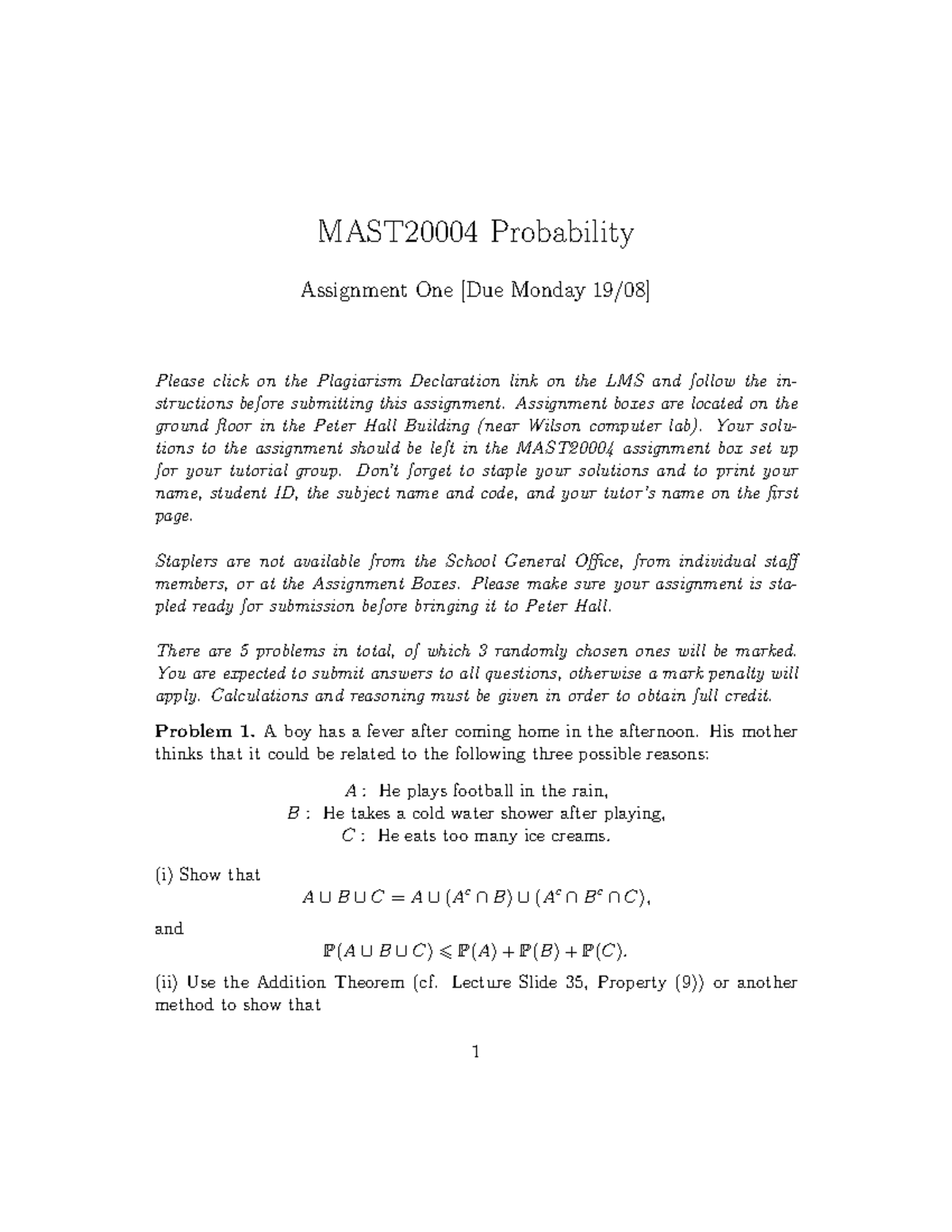 Assignment 1 Questions - MAST20004 Probability Assignment One [Due ...