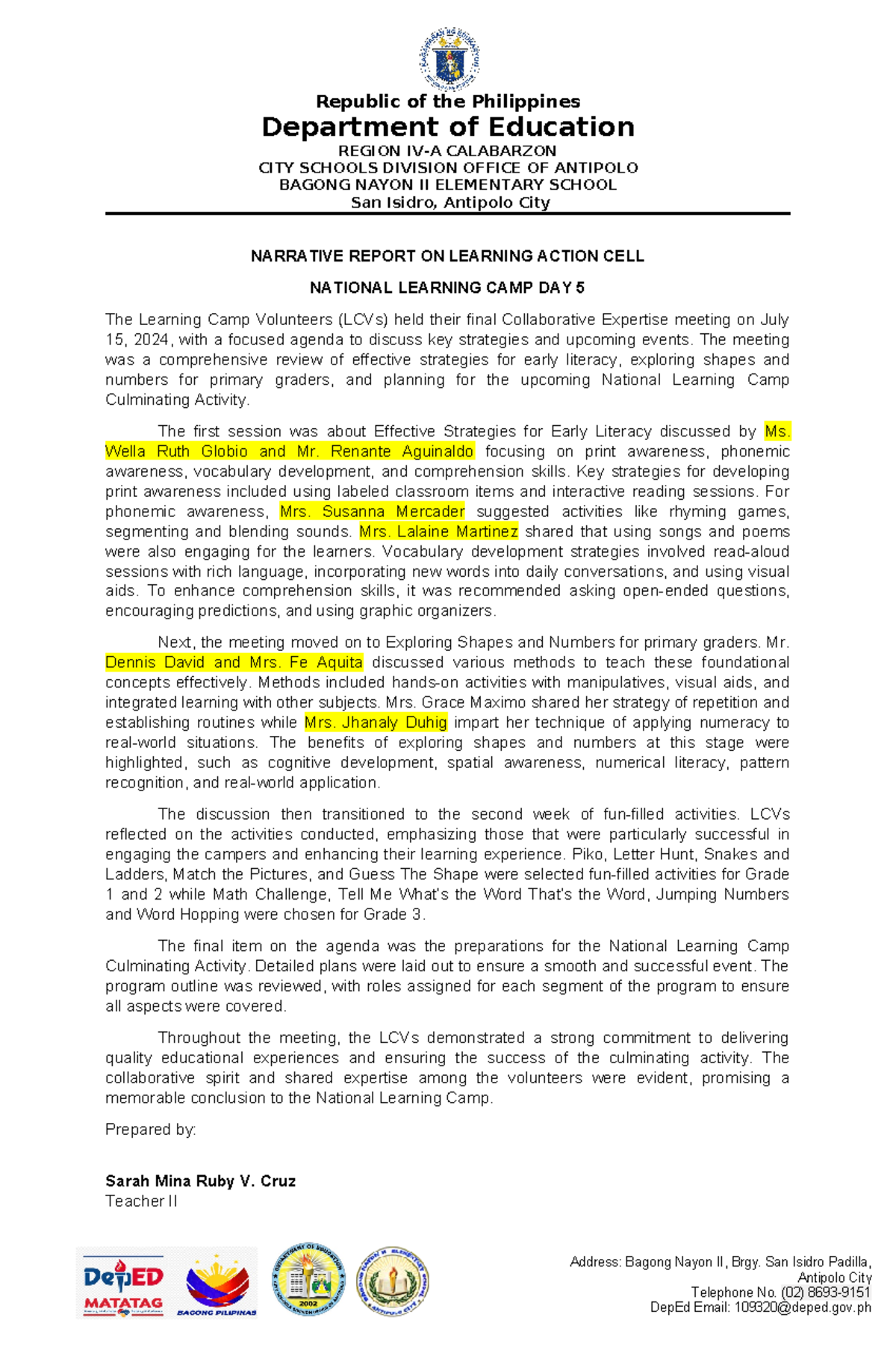 Narrative NLC LAC DAY5 - national learning camp - Address: Bagong Nayon ...