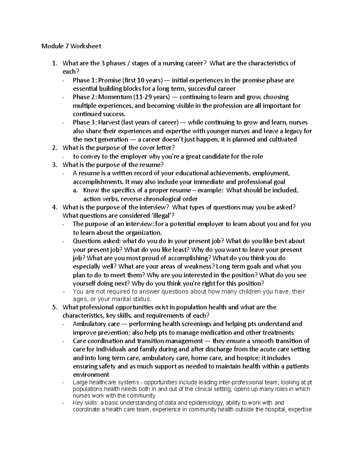 Module 7 Worksheet - Module 7 Worksheet 1. What are the 3 phases / stages of a nursing career ...