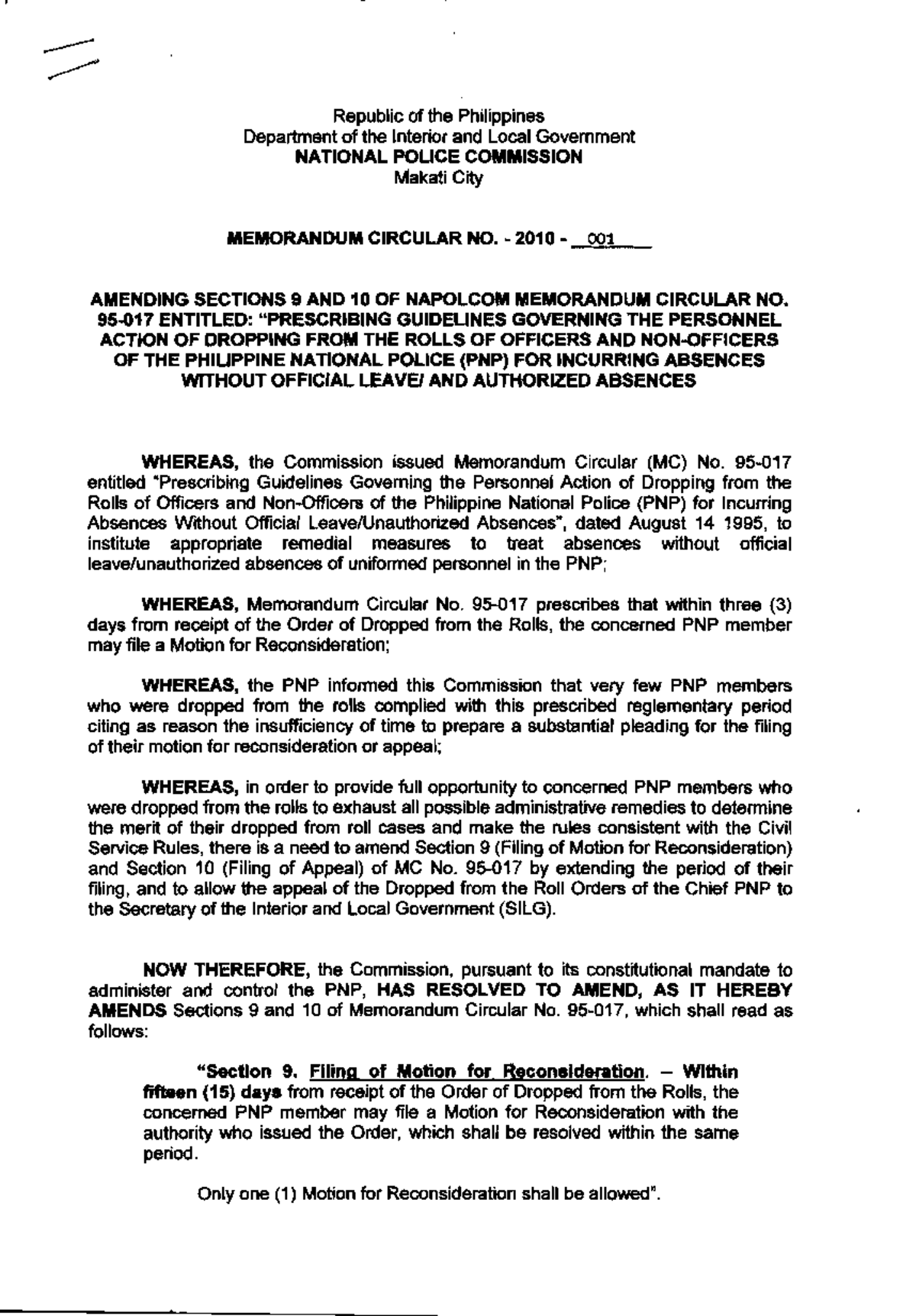 Mc 2010-001 - PNP MC - Republic of the Philippines Department of the Interior and Local ...