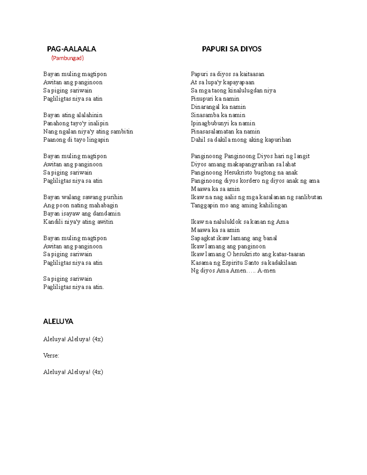 Ordinaryong Misa - qwaa - PAG-AALAALA PAPURI SA DIYOS (Pambungad) Bayan ...