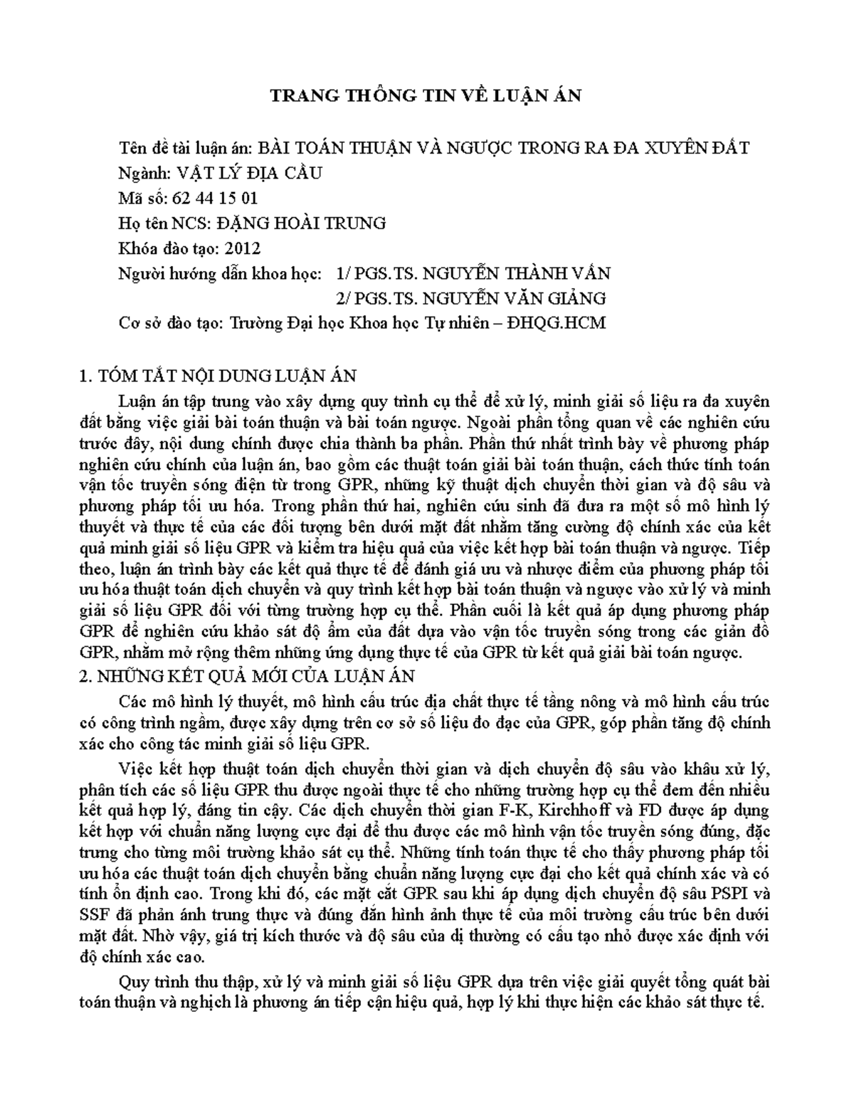 Dang-Hoai-Trung - ... - TRANG THÔNG TIN VỀ LUẬN ÁN Tên đề tài luận án: BÀI TOÁN THUẬN VÀ NGƯỢC ...