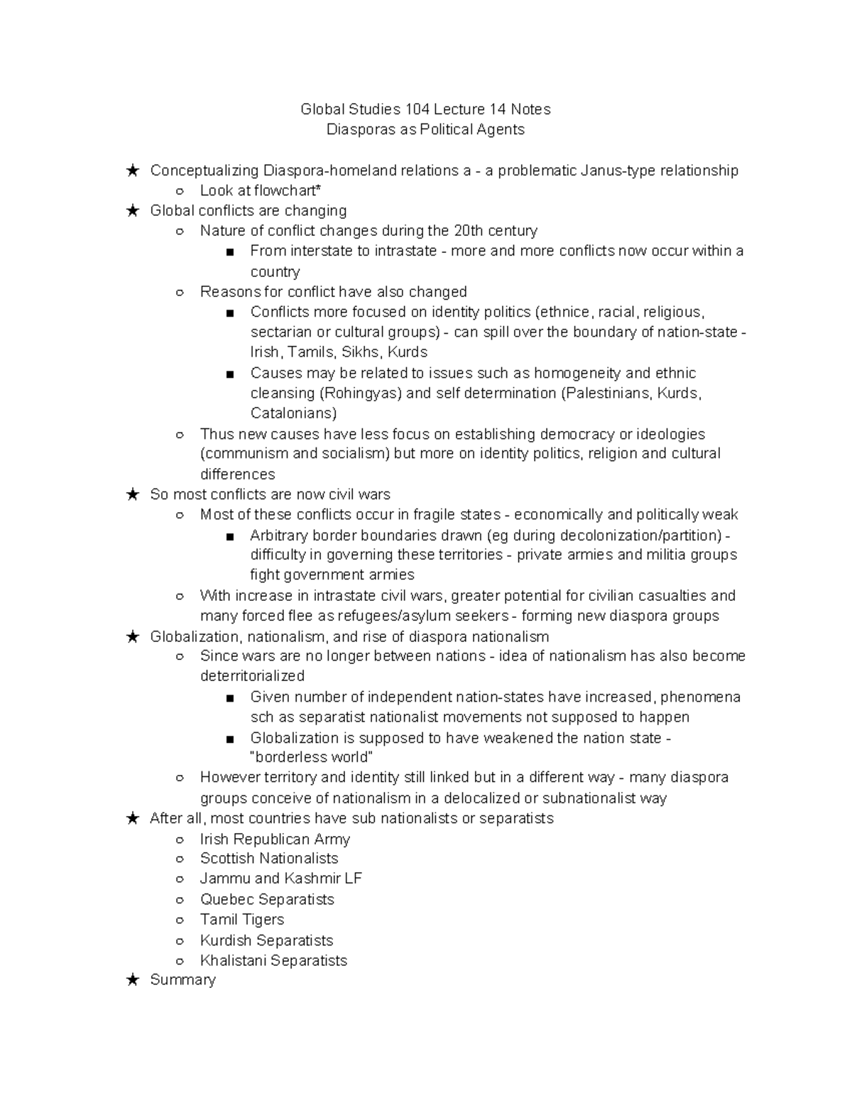 GLOBL 104 lec 14 - Global Studies 104 Lecture 14 Notes Diasporas as ...