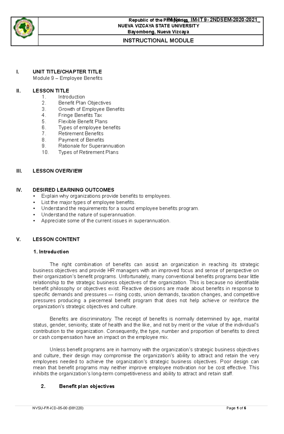 Module-9 - 1. Introduction 2. Benefit Plan Objectives 3. Growth of ...