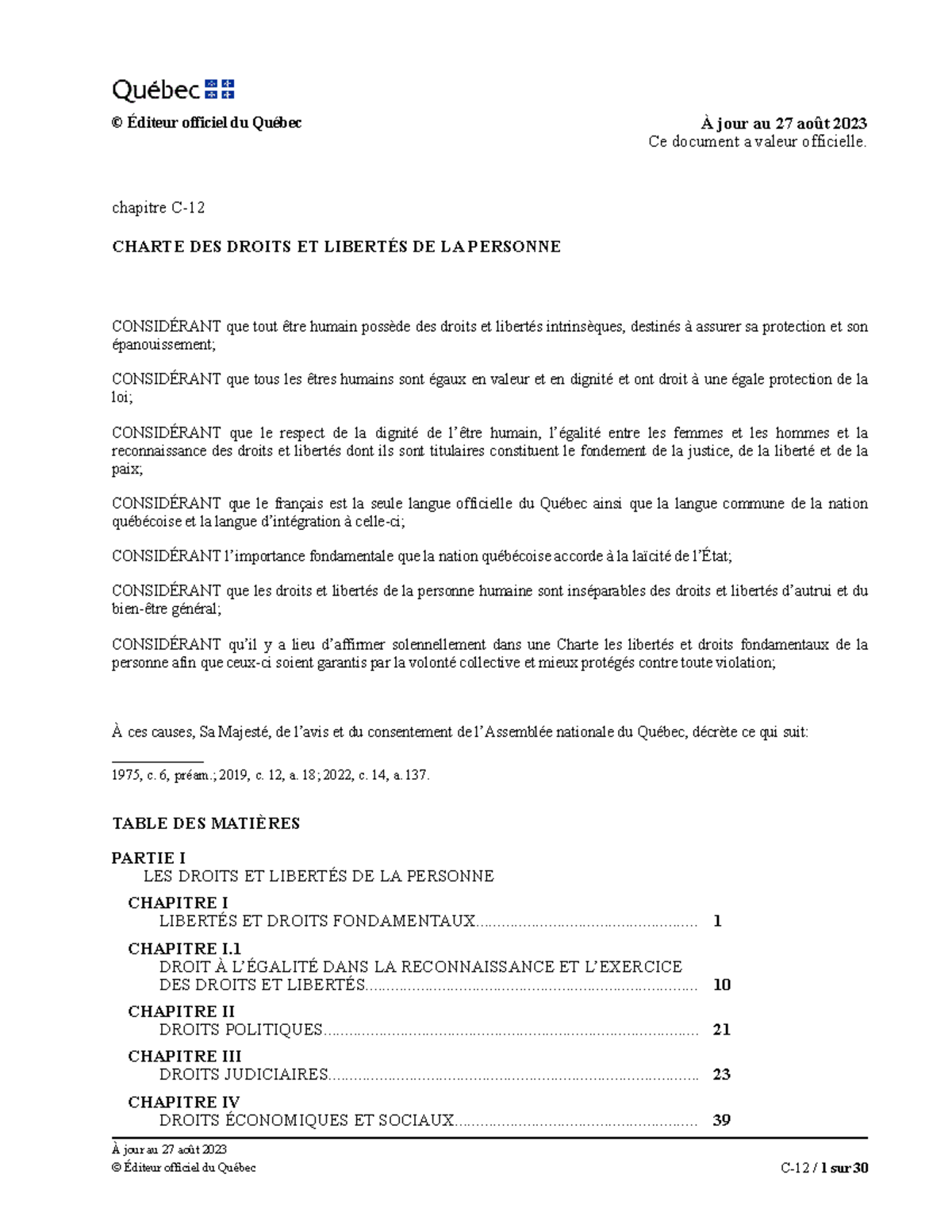 Charte des droits et libertés de la personne C-12 - chapitre C- CHARTE ...
