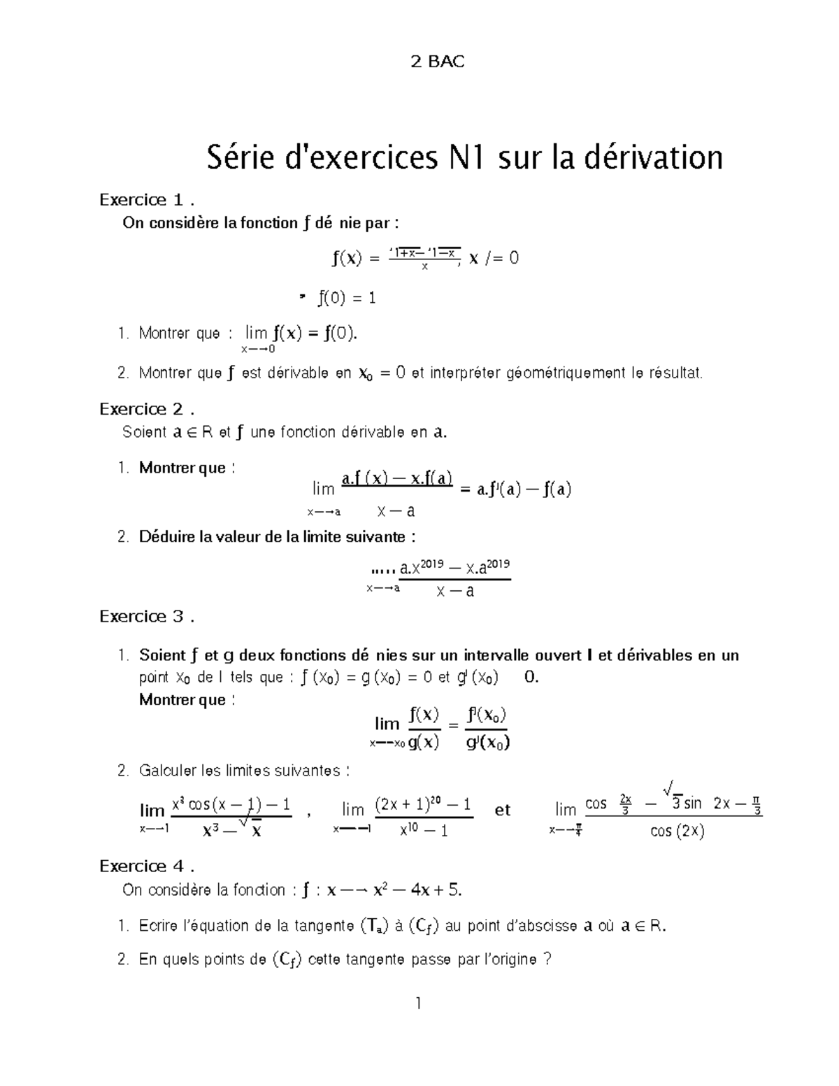 Exercices Corrigés N°2 dérivabilité et étude des fonctions, 2 bac - 2 ...