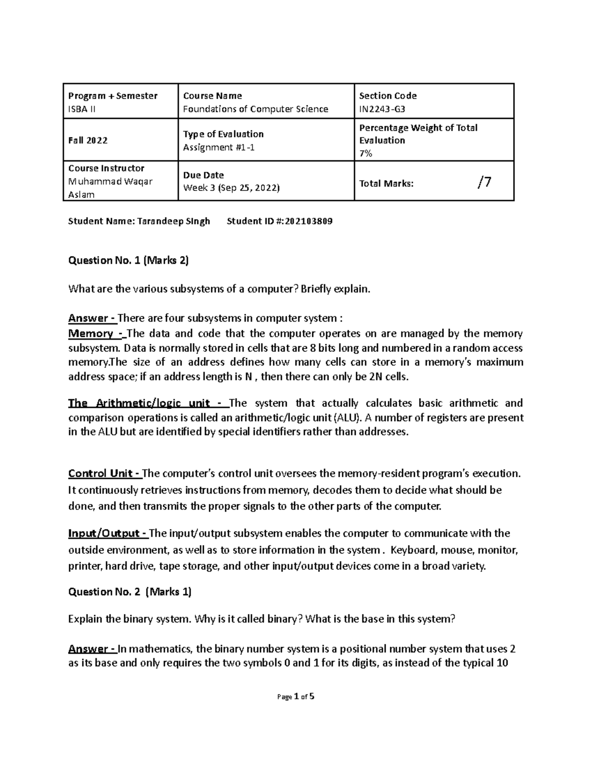 Tarandeep Singh 202103809 - Program + Semester ISBA II Course Name ...