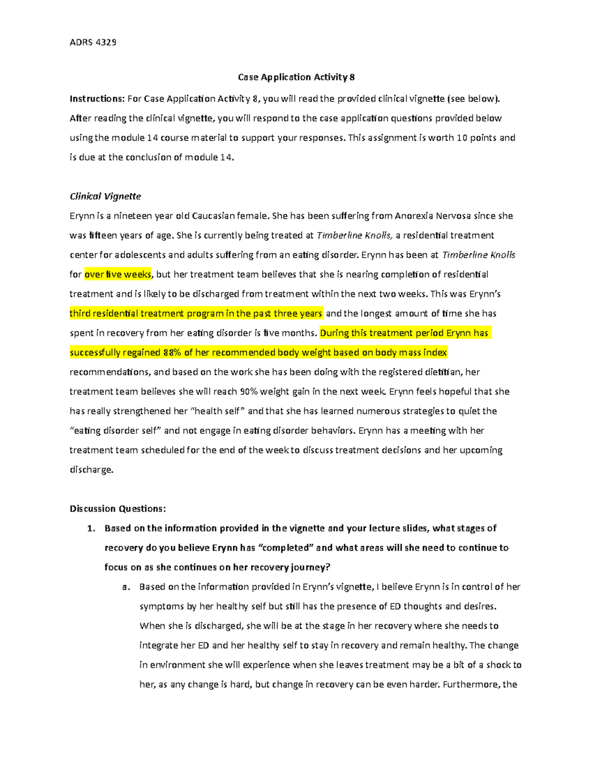 Case Application Activity 8 - After reading the clinical vignette, you ...