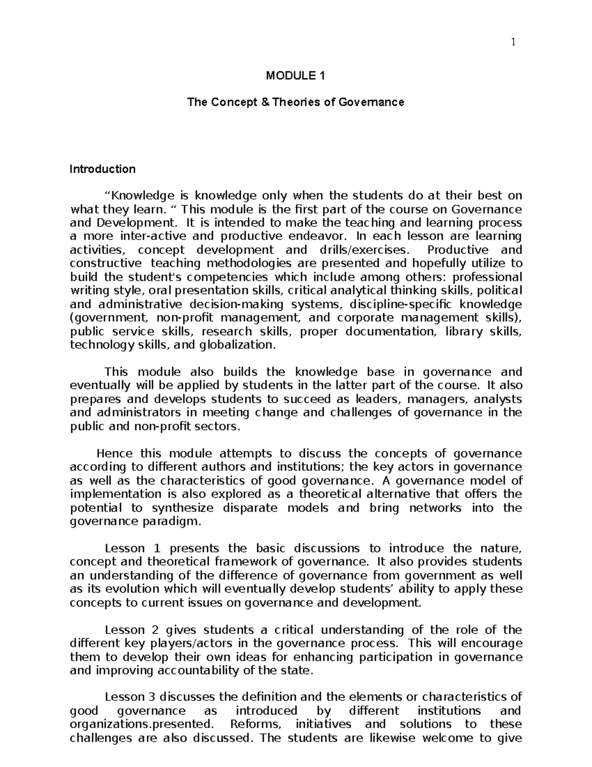 Governance- Student HAndouts - MODULE 1 The Concept & Theories of ...