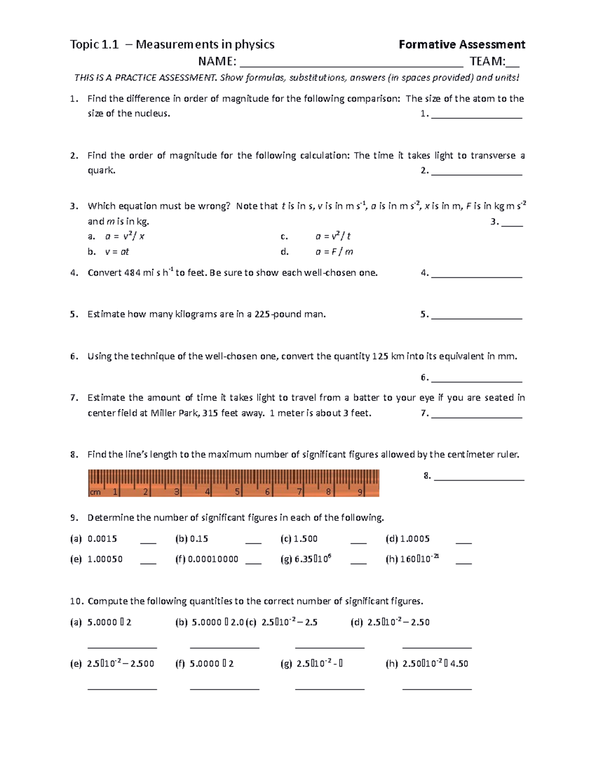 Topic 1 - Practice Worksheet - Homework - Topic 1 – Measurements in ...