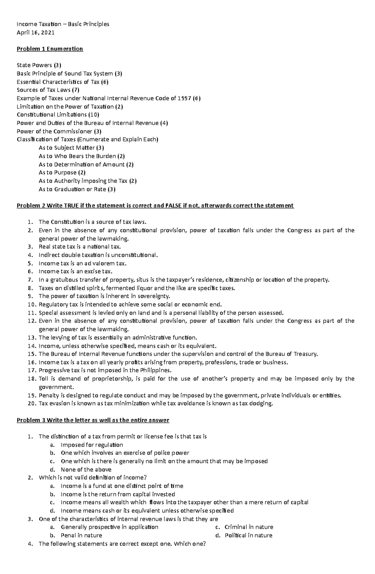 Taxation quiz one 2021 - Income Taxation – Basic Principles April 16 ...