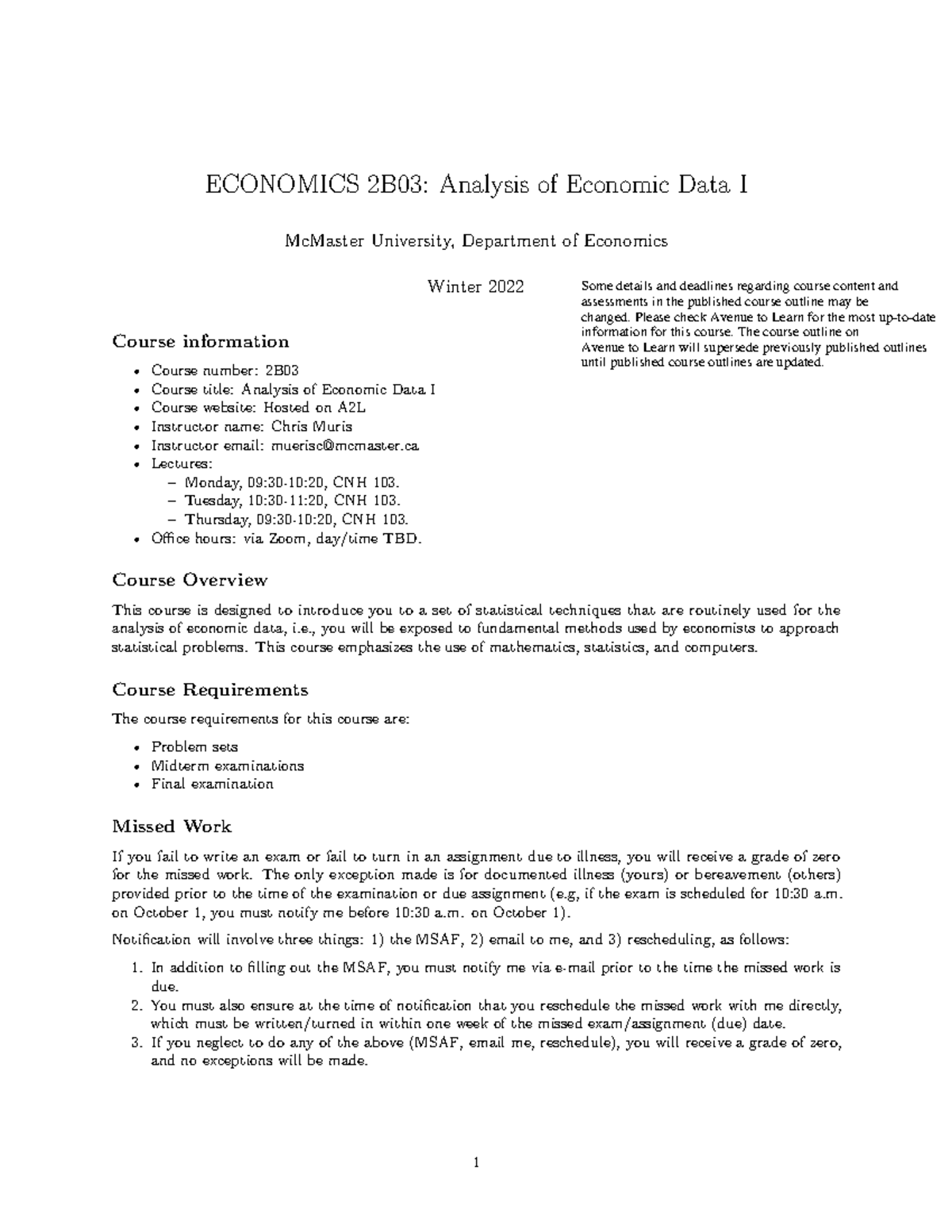 Econ 2B03 Course Outline Winter 2022 C. Muris - ECONOMICS 2B03 ...