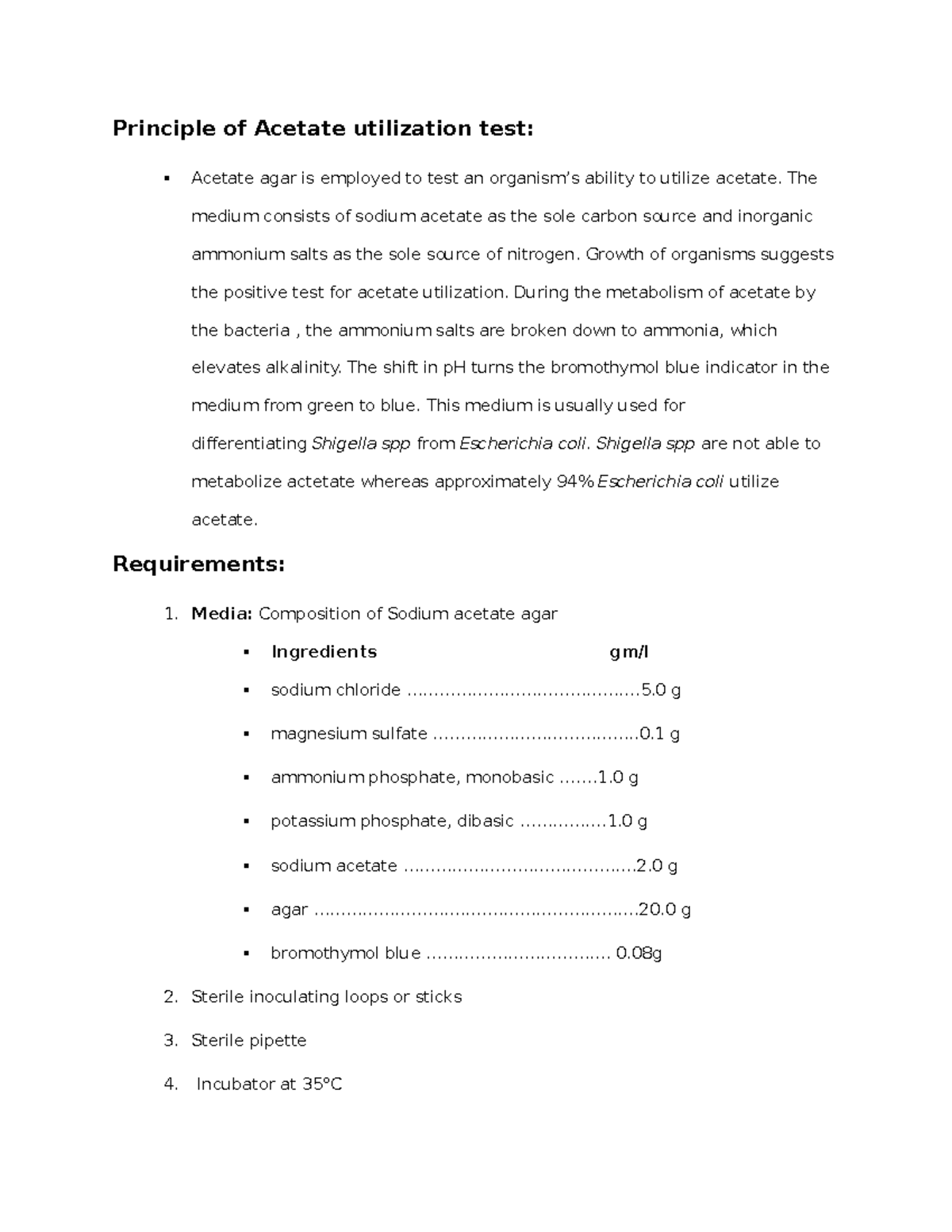 Biology Science 221 - Principle of Acetate utilization test: Acetate ...