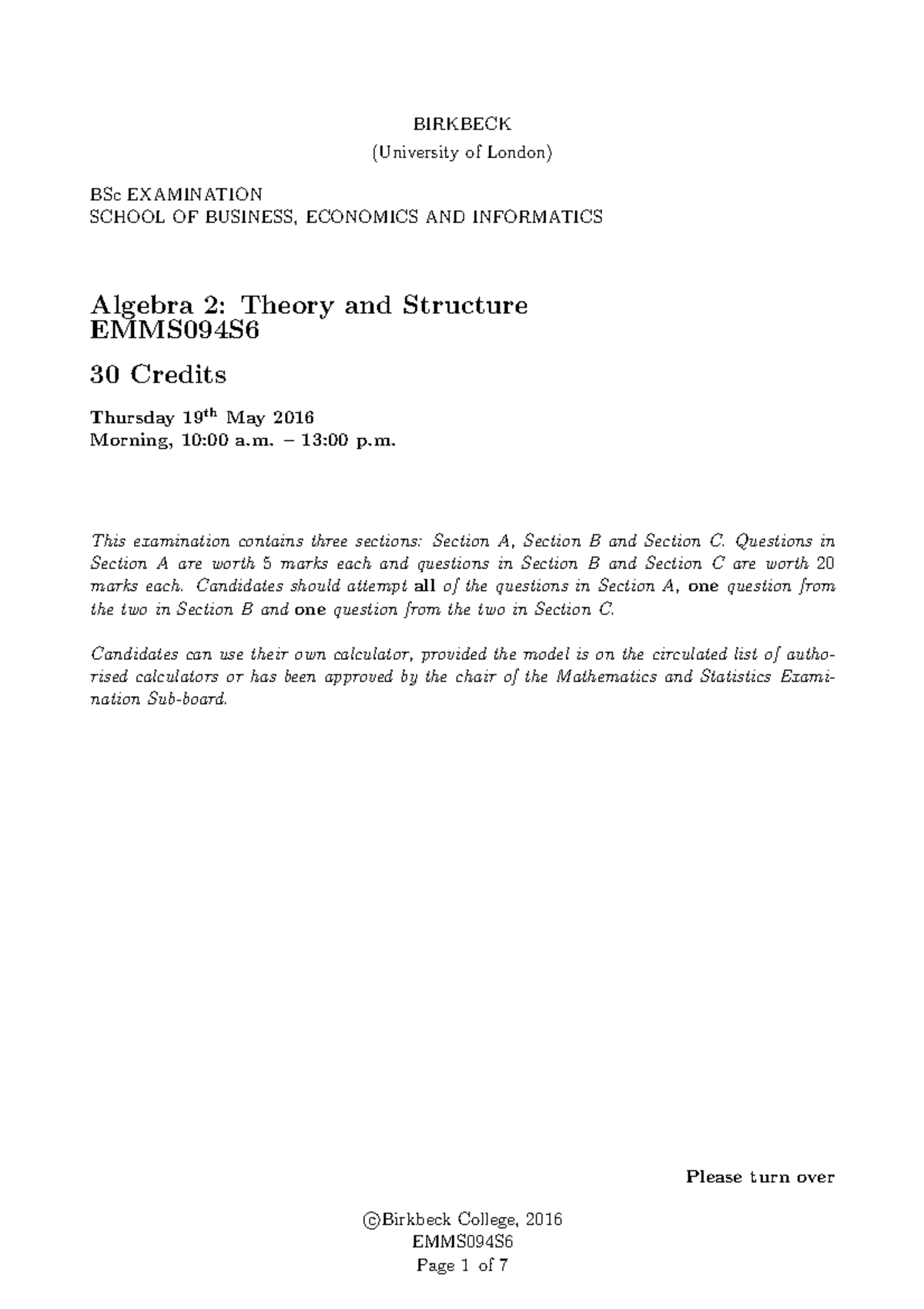 Algebra 2 Theory & Structure Exam 2016 - BIRKBECK (University of London ...