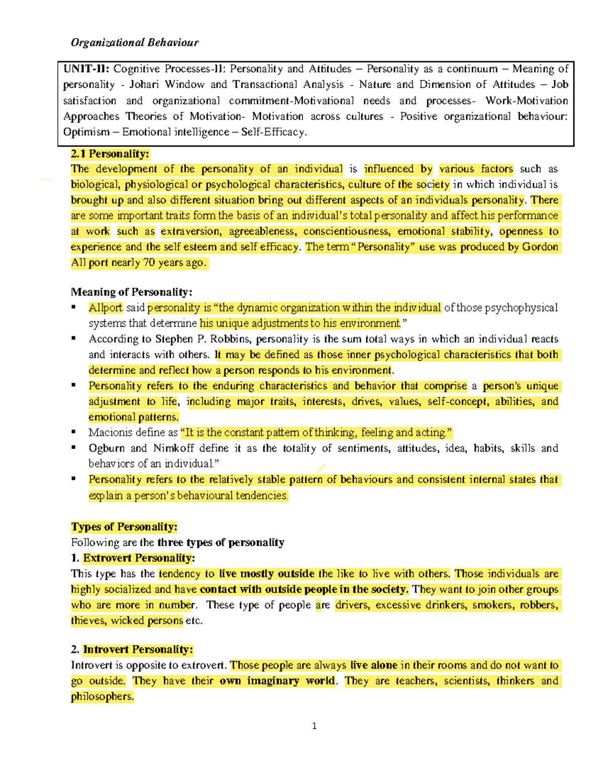 Unit-2 OB-1 - UNIT-II: Cognitive Processes-II: Personality and Attitudes – Personality as a ...