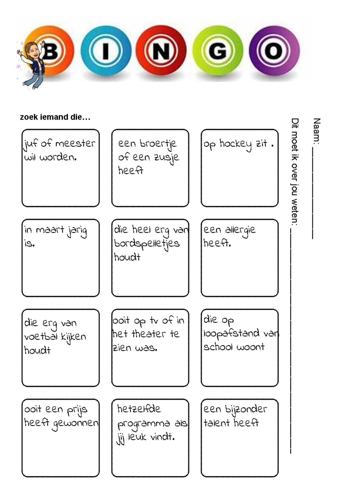 Kennismakingsbingo - kennismakingsspel voor op stage - Stage - Dit moet ...