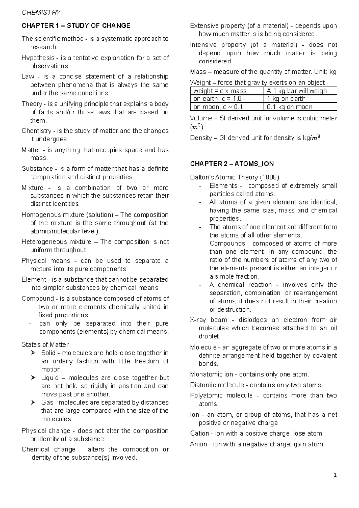 CHEM (no formula) - chemistry notew - CHAPTER 1 – STUDY OF CHANGE The ...