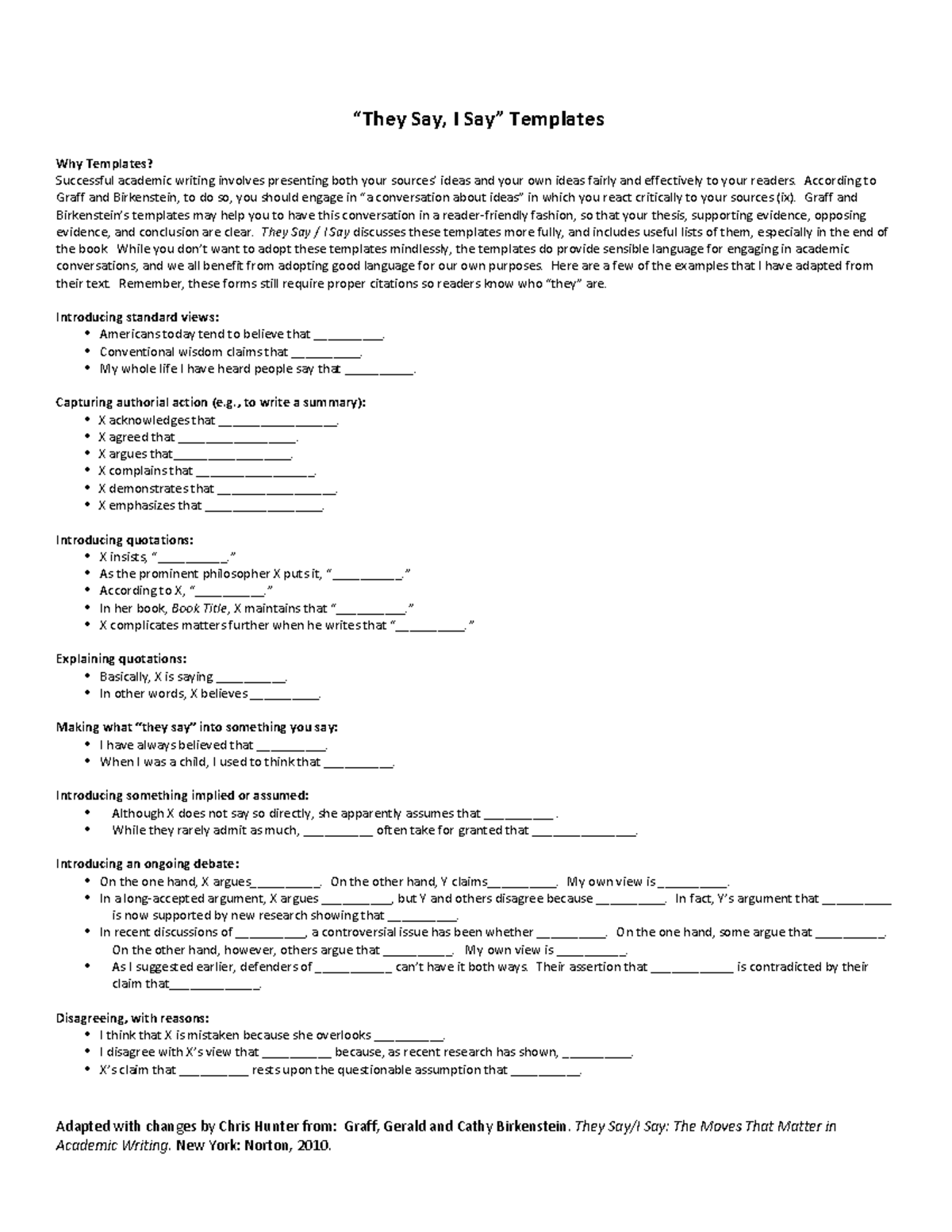 Handout They Say I Say templates all - Adapted with changes by Chris ...
